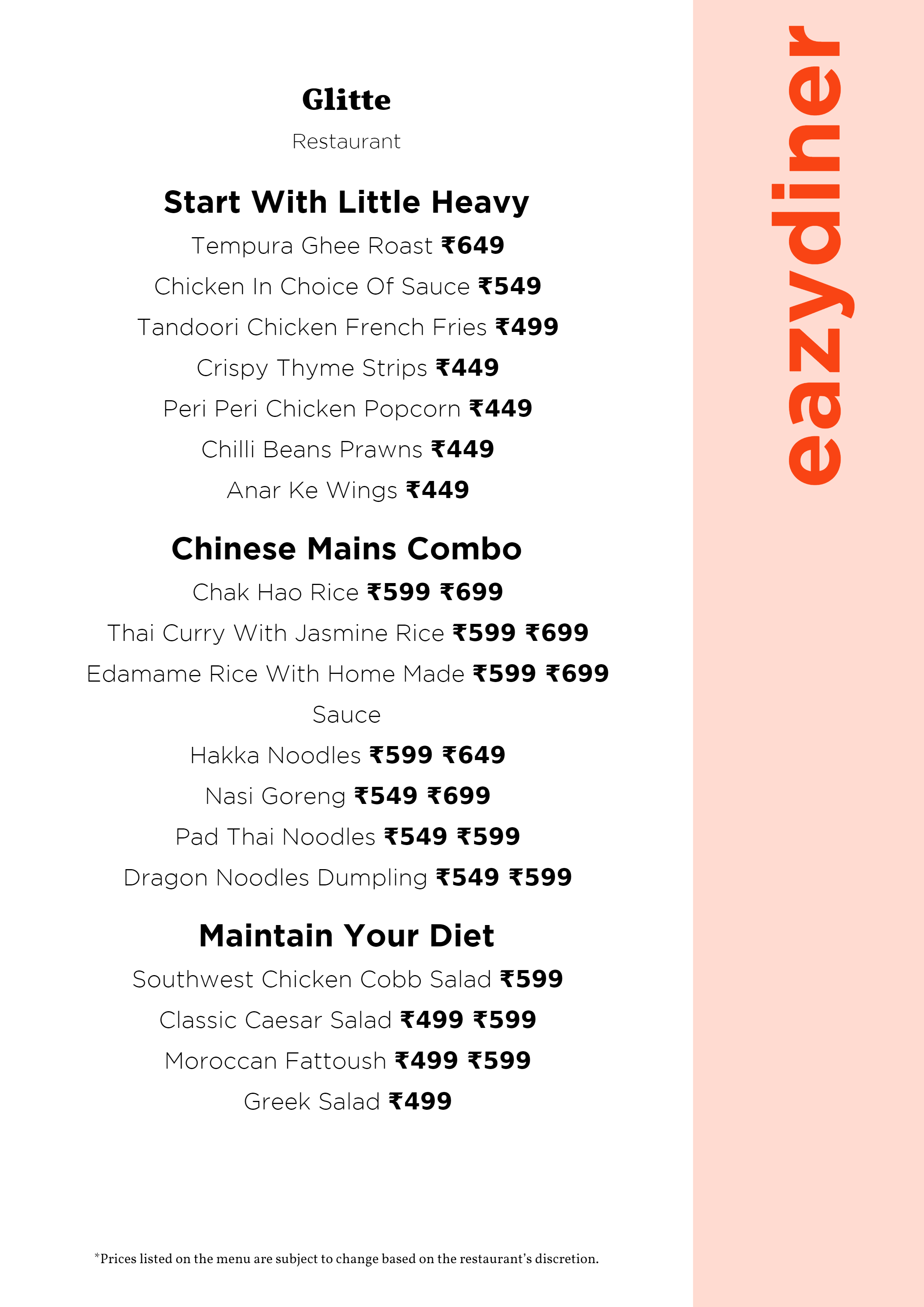 Menu of Glitte, Manpada, Thane Region