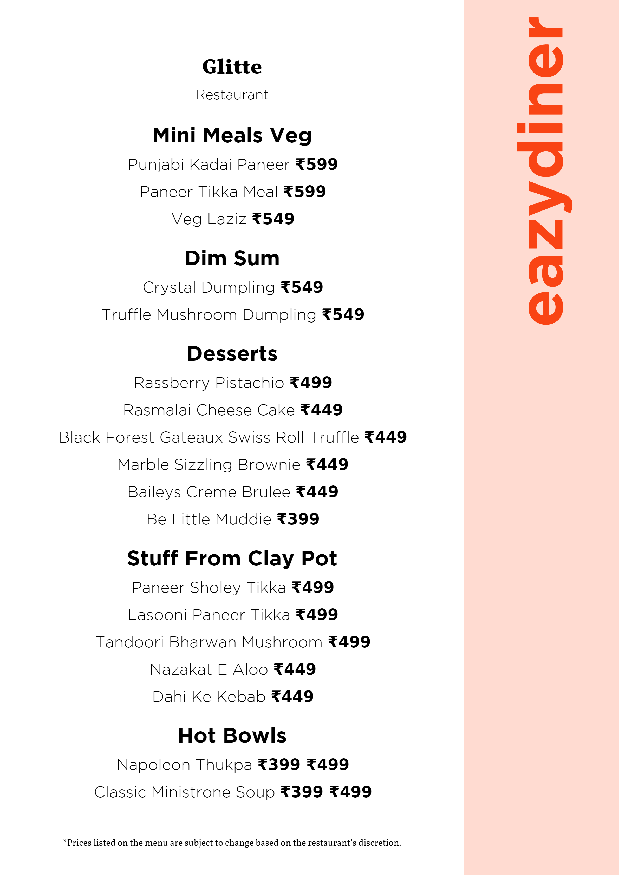 Menu of Glitte, Manpada, Thane Region