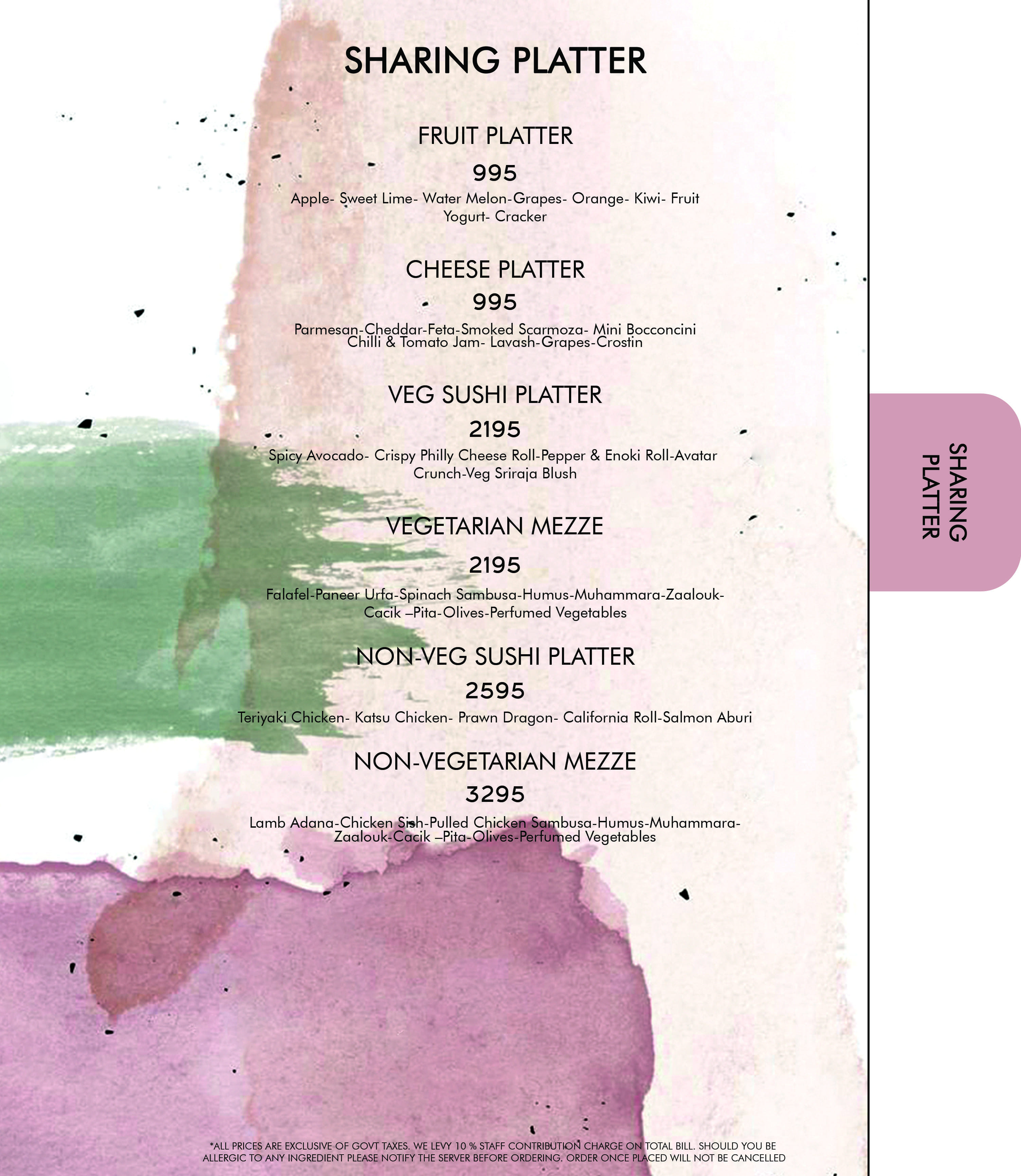 Menu of Avatar, Sector 58, Gurgaon