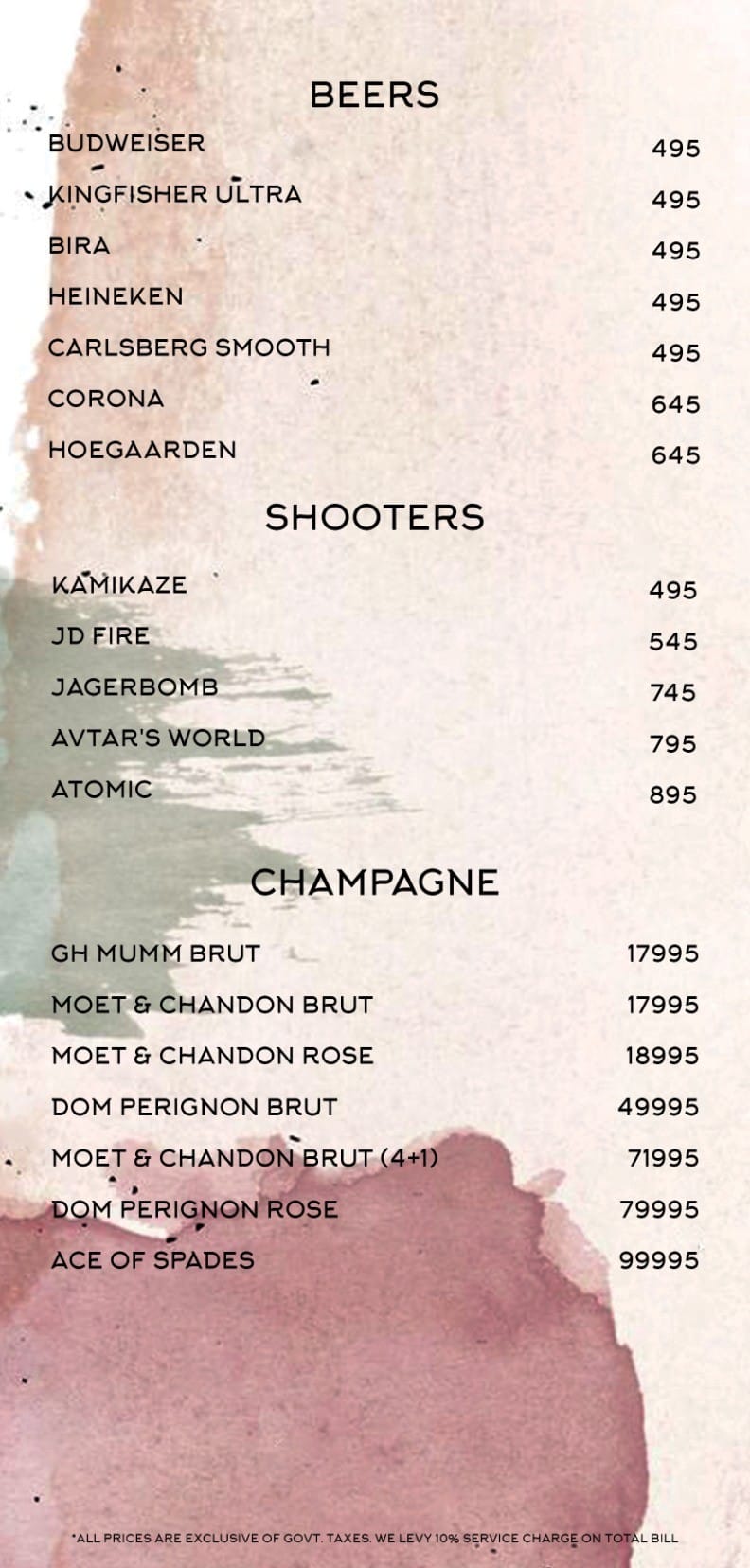 Menu of Avatar, Sector 58, Gurgaon