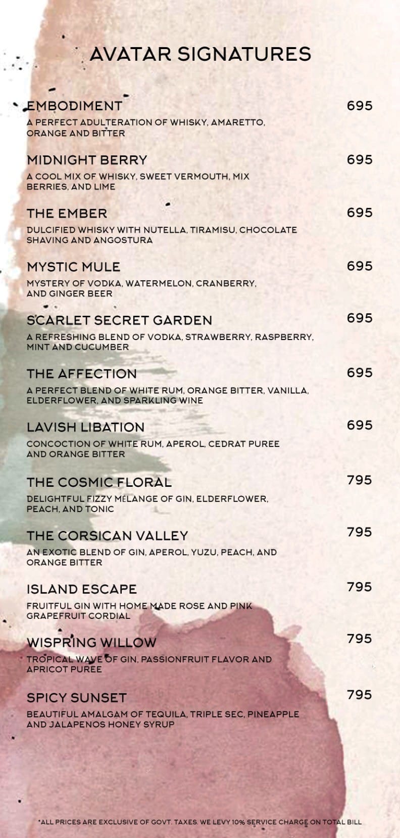 Menu of Avatar, Sector 58, Gurgaon