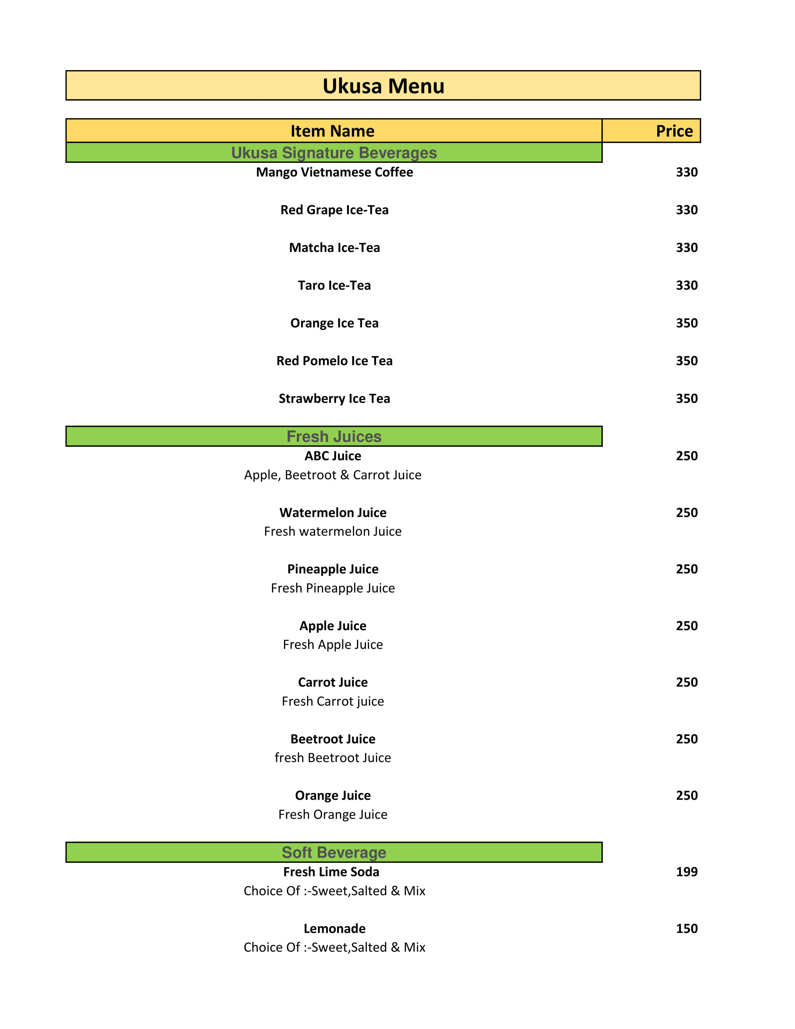 Menu of Ukusa, Jubilee Hills, Hyderabad