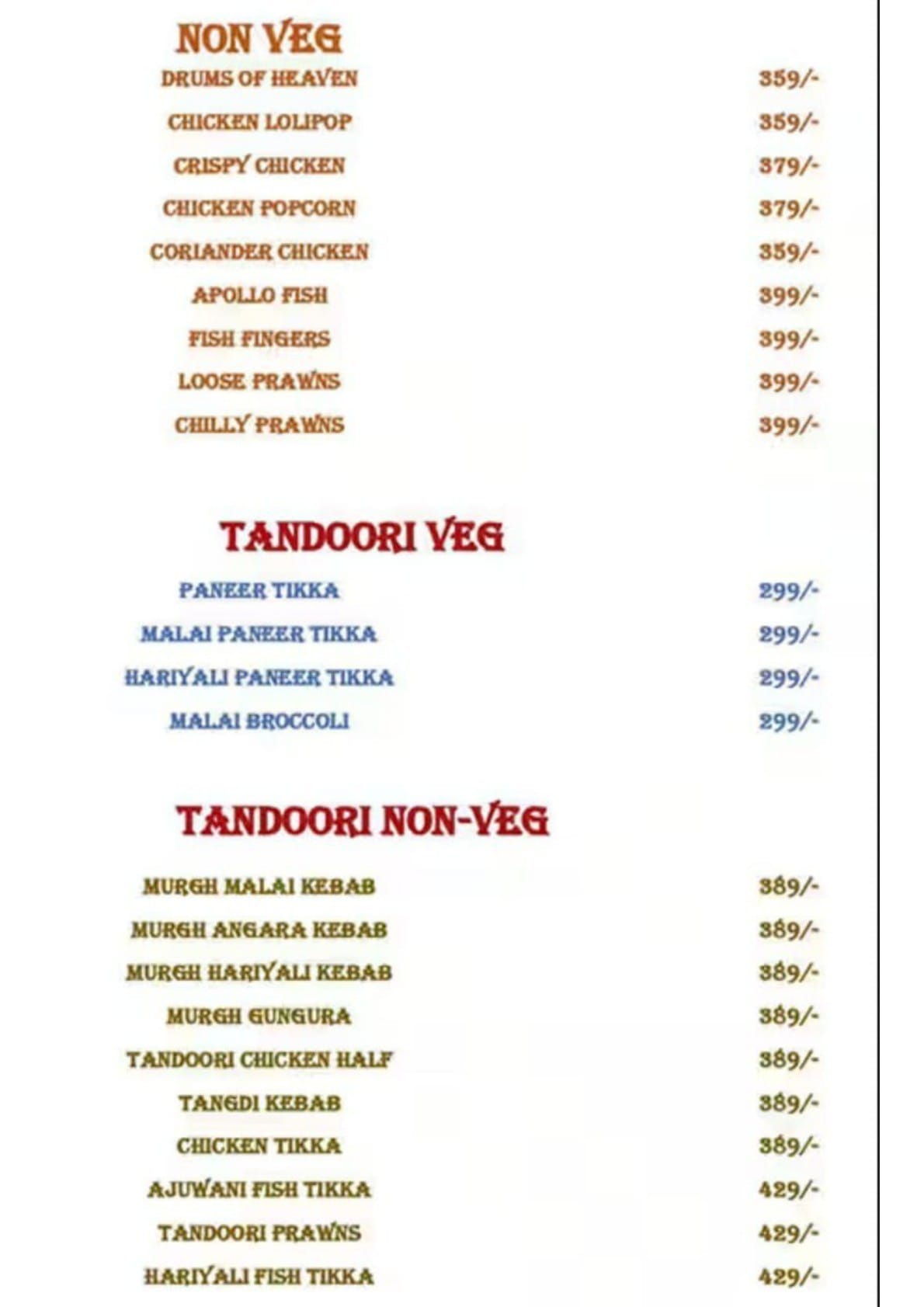 Menu of Patnam Lo Palle Ruchulu, Manikonda, Hyderabad