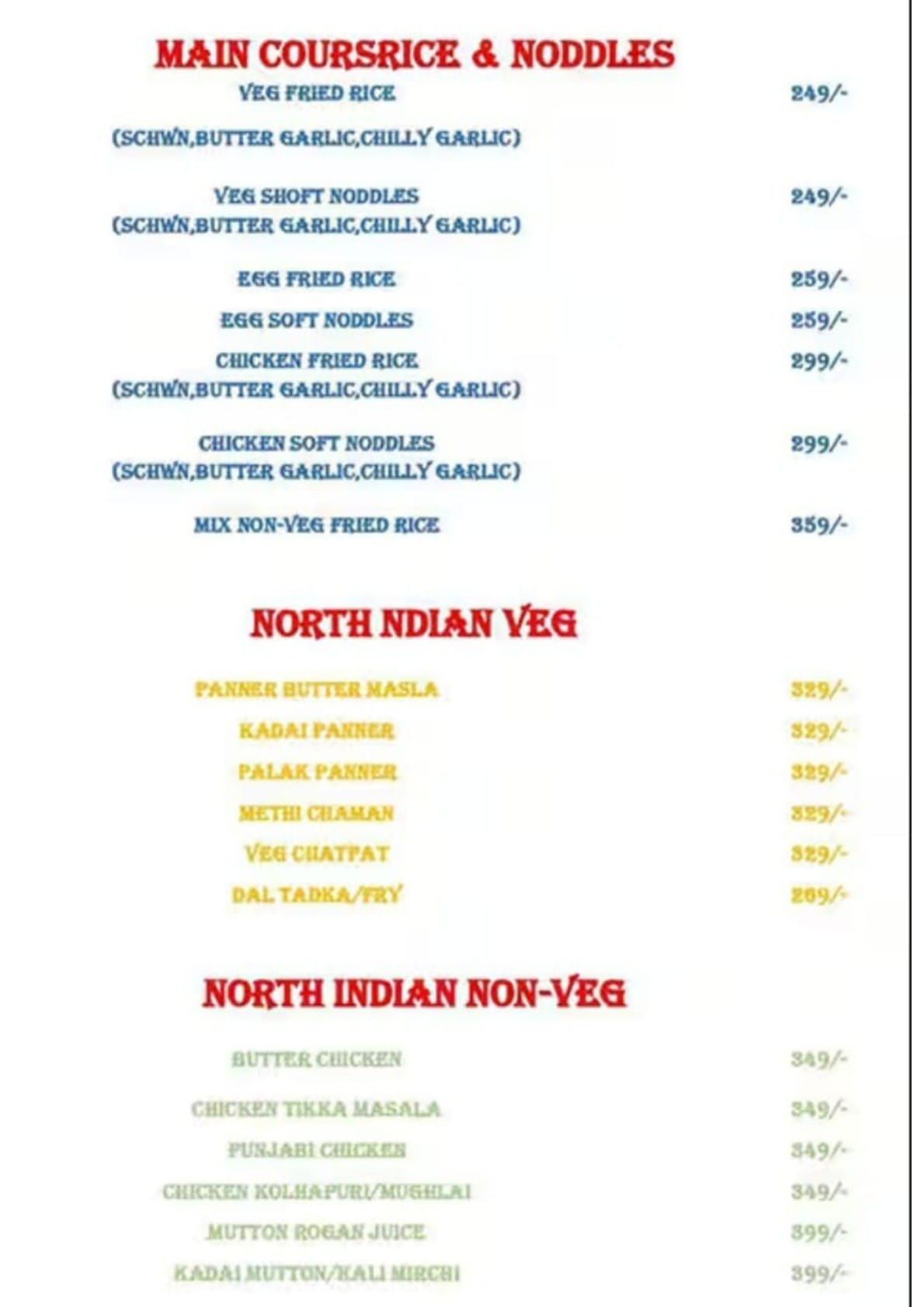 Menu of Patnam Lo Palle Ruchulu, Manikonda, Hyderabad
