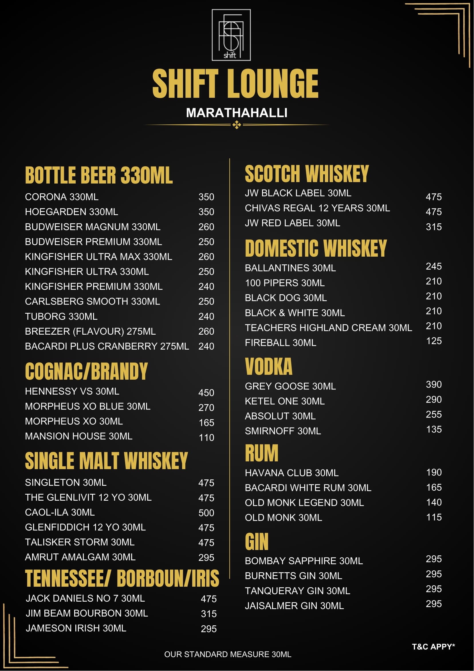 Menu of Shift, Marathahalli, East Bengaluru