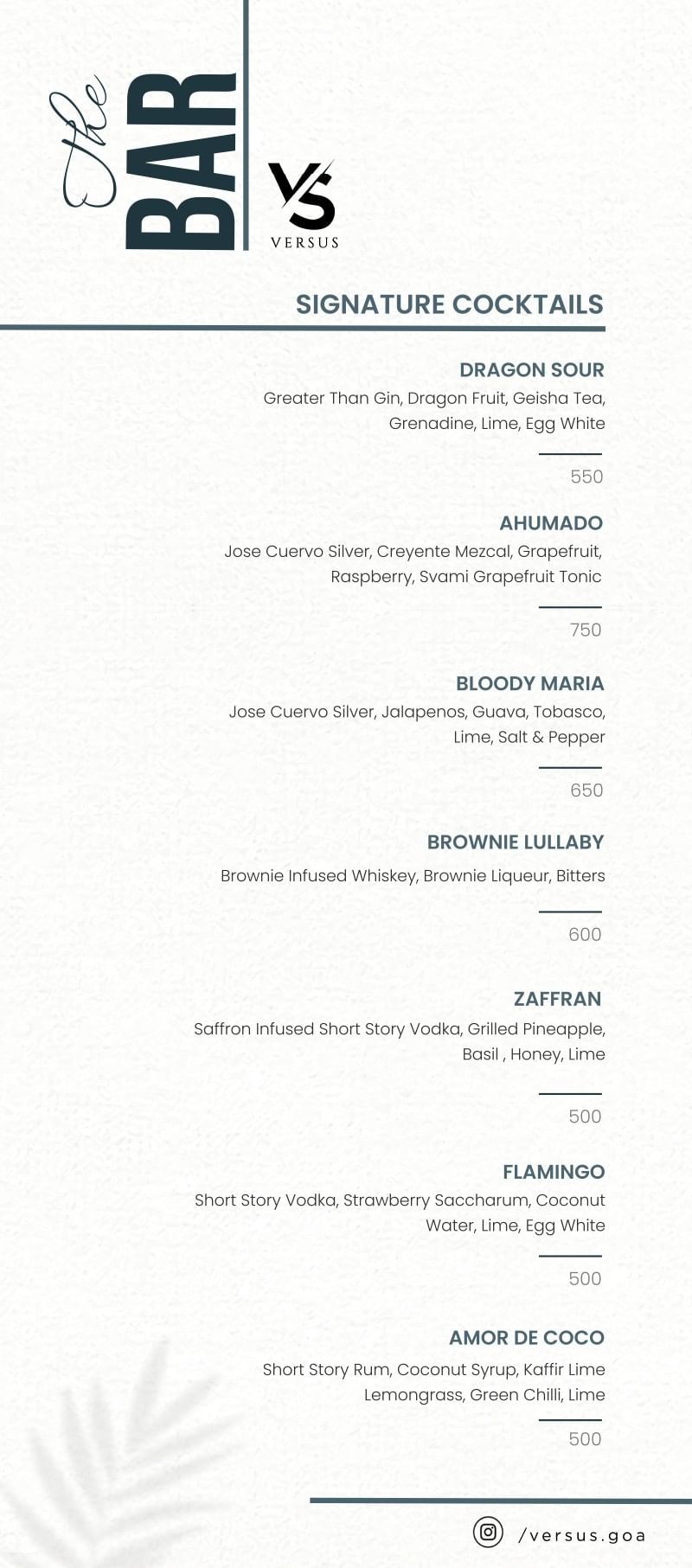 Menu of Versus, Anjuna, North Goa