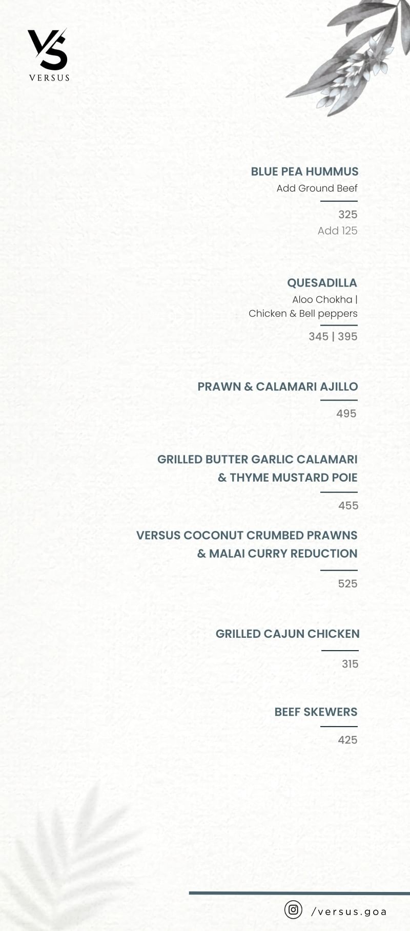 Menu of Versus, Anjuna, North Goa