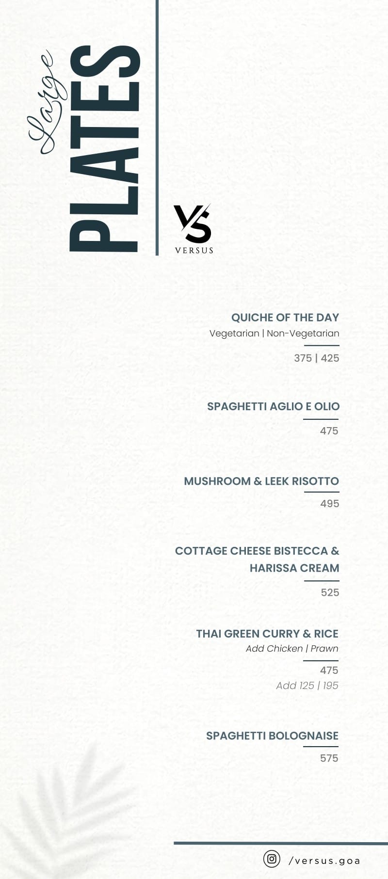 Menu of Versus, Anjuna, North Goa