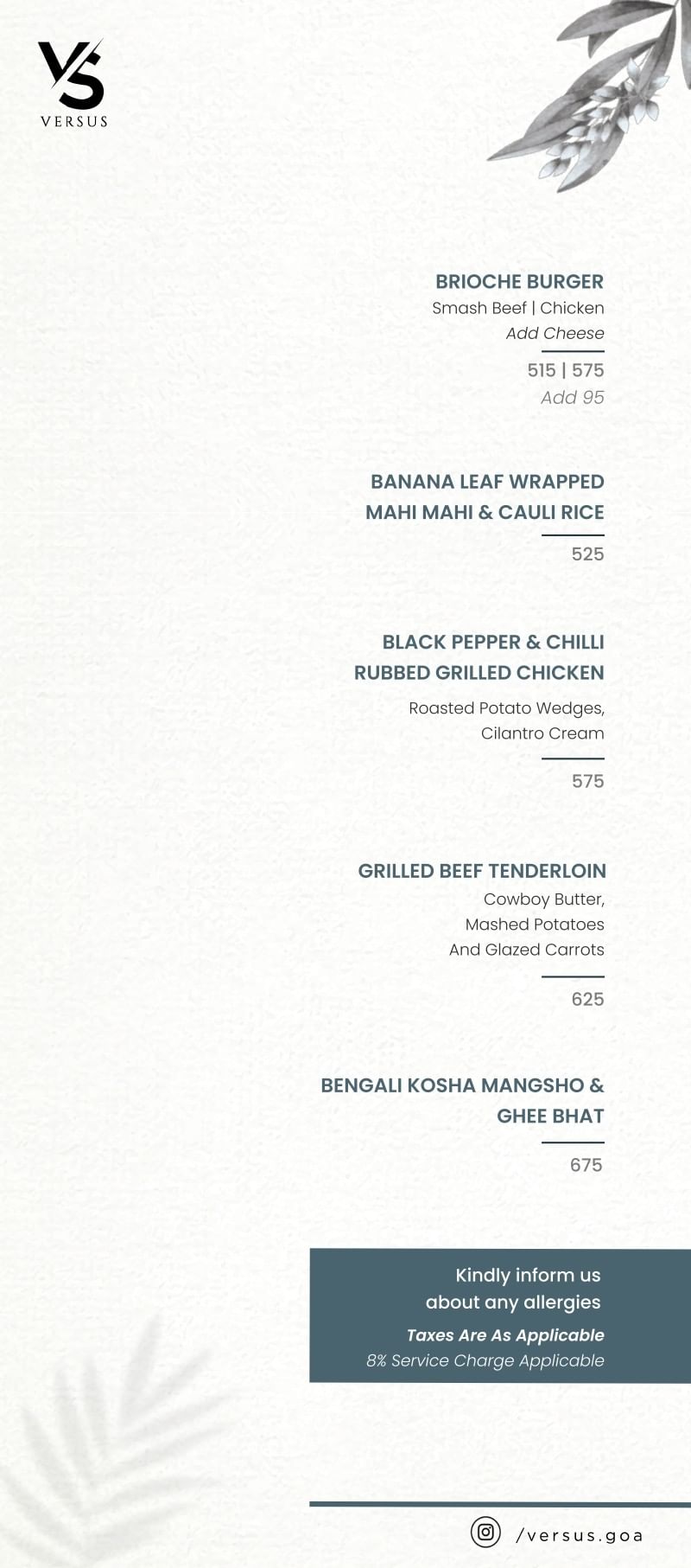 Menu of Versus, Anjuna, North Goa