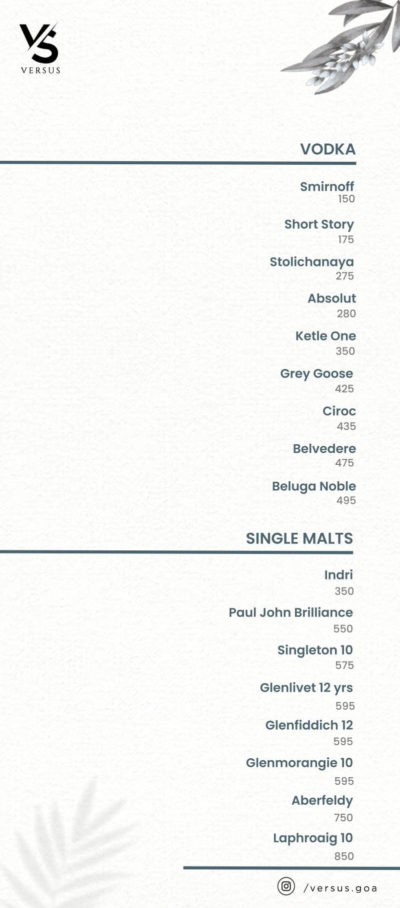 Menu of Versus, Anjuna, North Goa