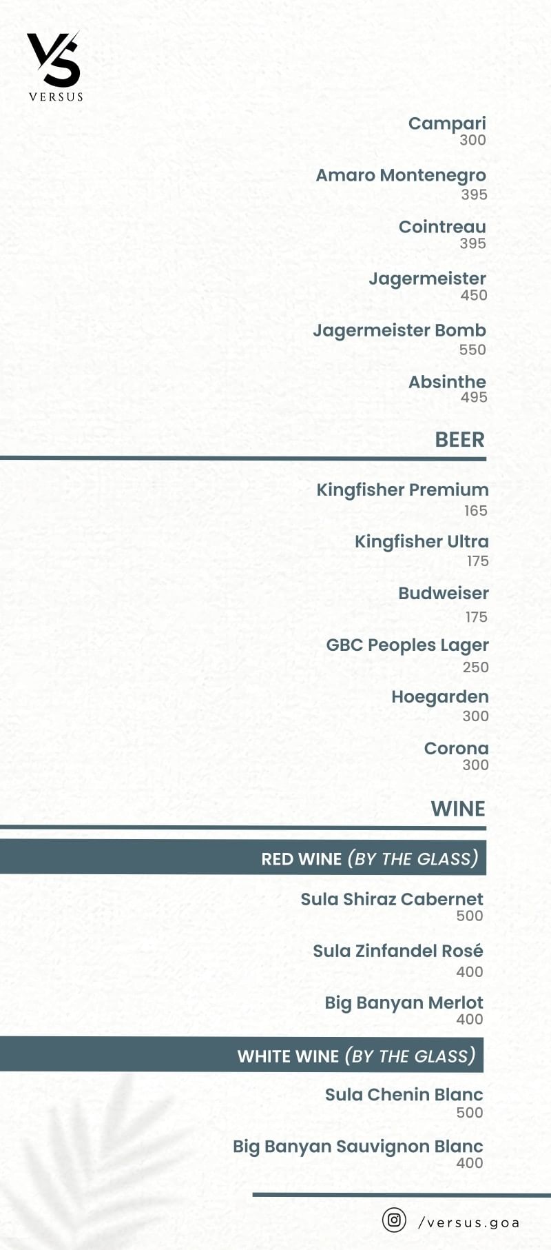 Menu of Versus, Anjuna, North Goa