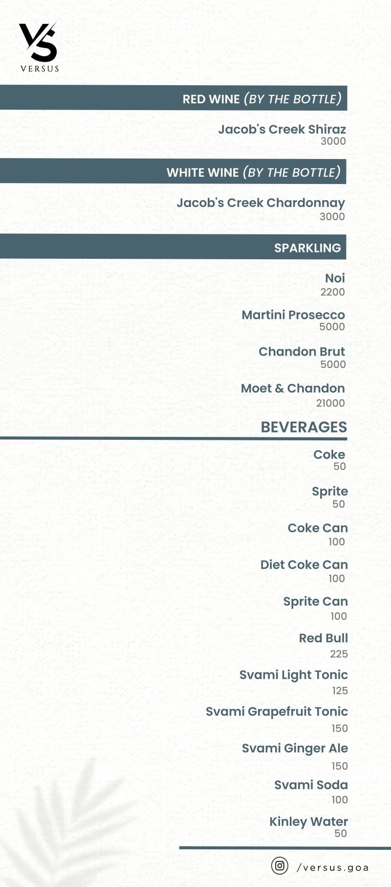 Menu of Versus, Anjuna, North Goa