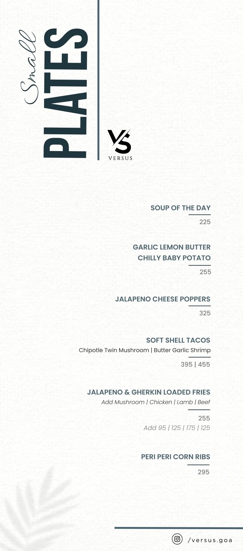 Menu of Versus, Anjuna, North Goa