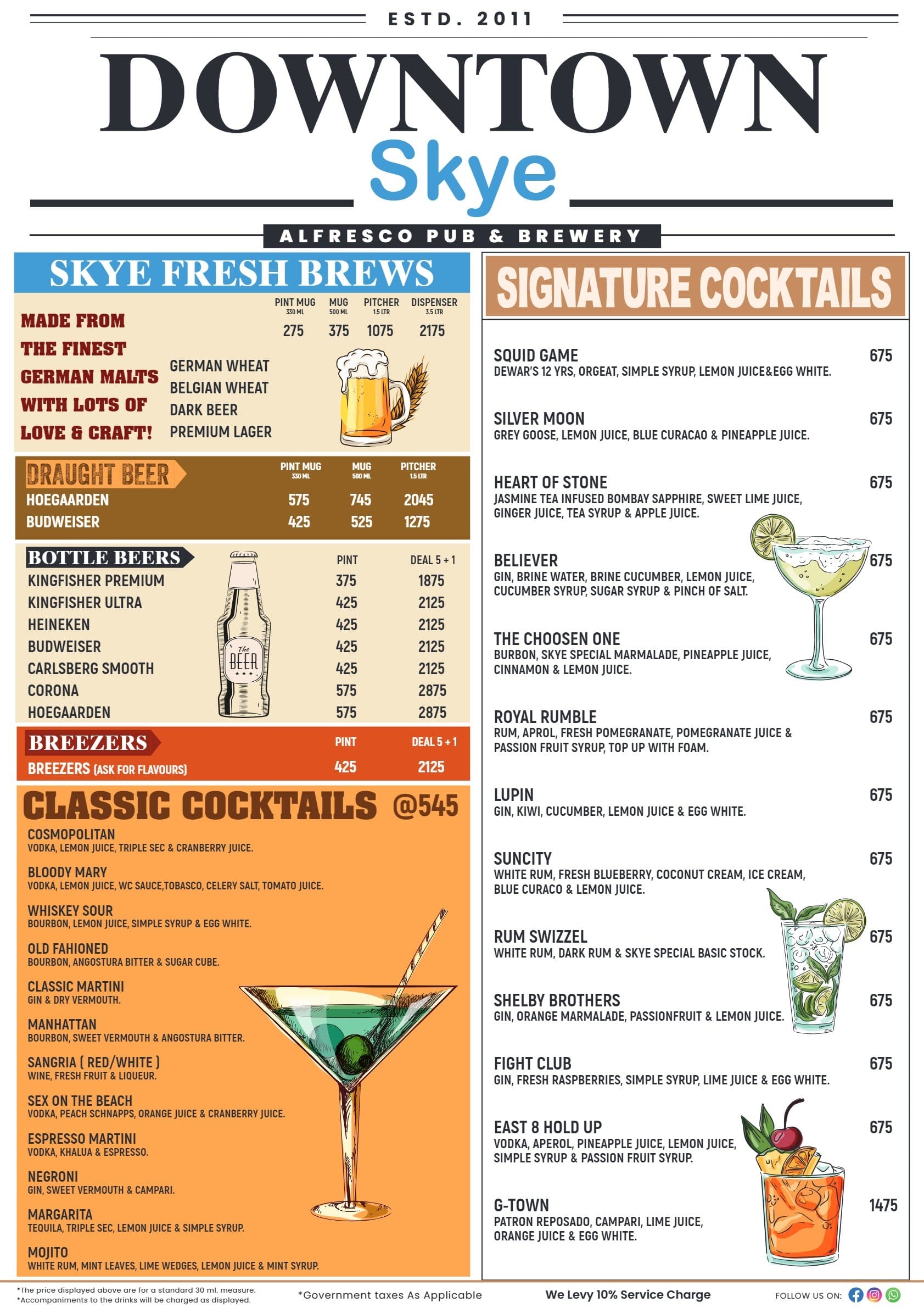 Menu of Downtown Skye Alfresco & Brewery, Sector 54, Gurgaon