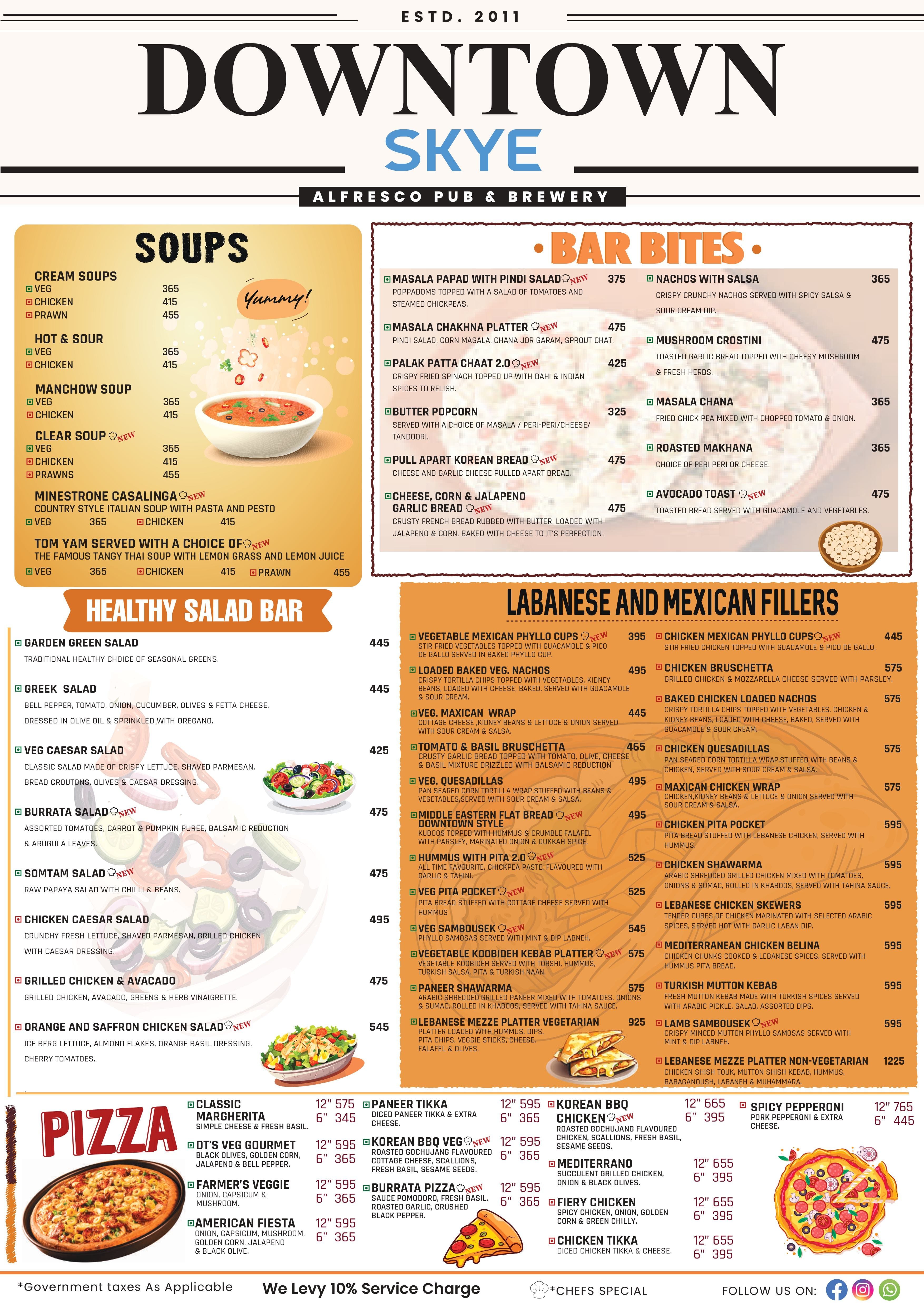 Menu of Downtown Skye Alfresco & Brewery, Sector 54, Gurgaon