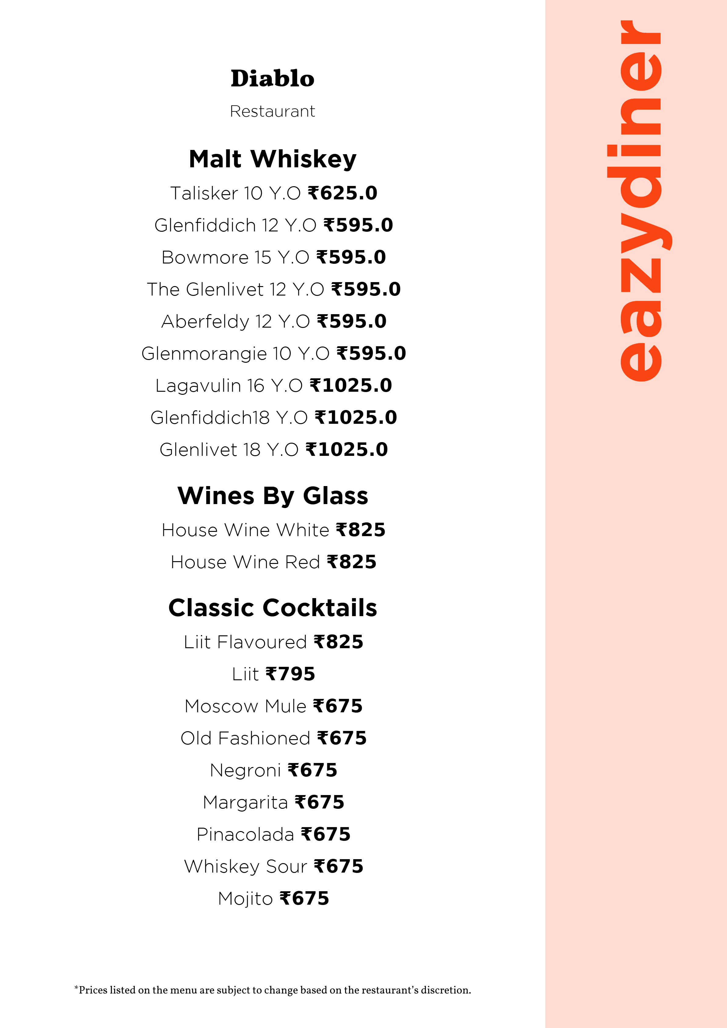 Menu of Diablo, Cyber Hub, Gurgaon