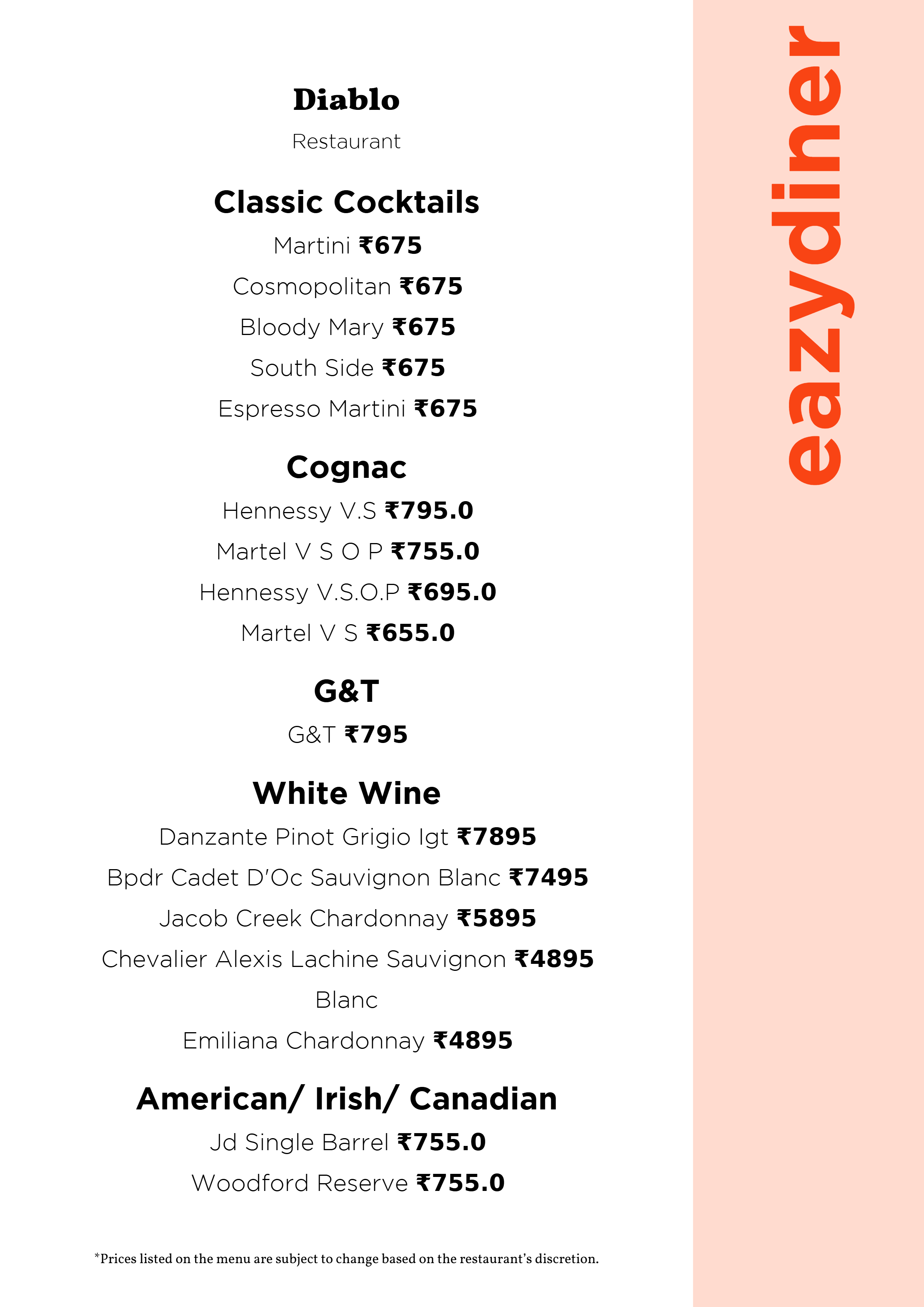 Menu of Diablo, Cyber Hub, Gurgaon