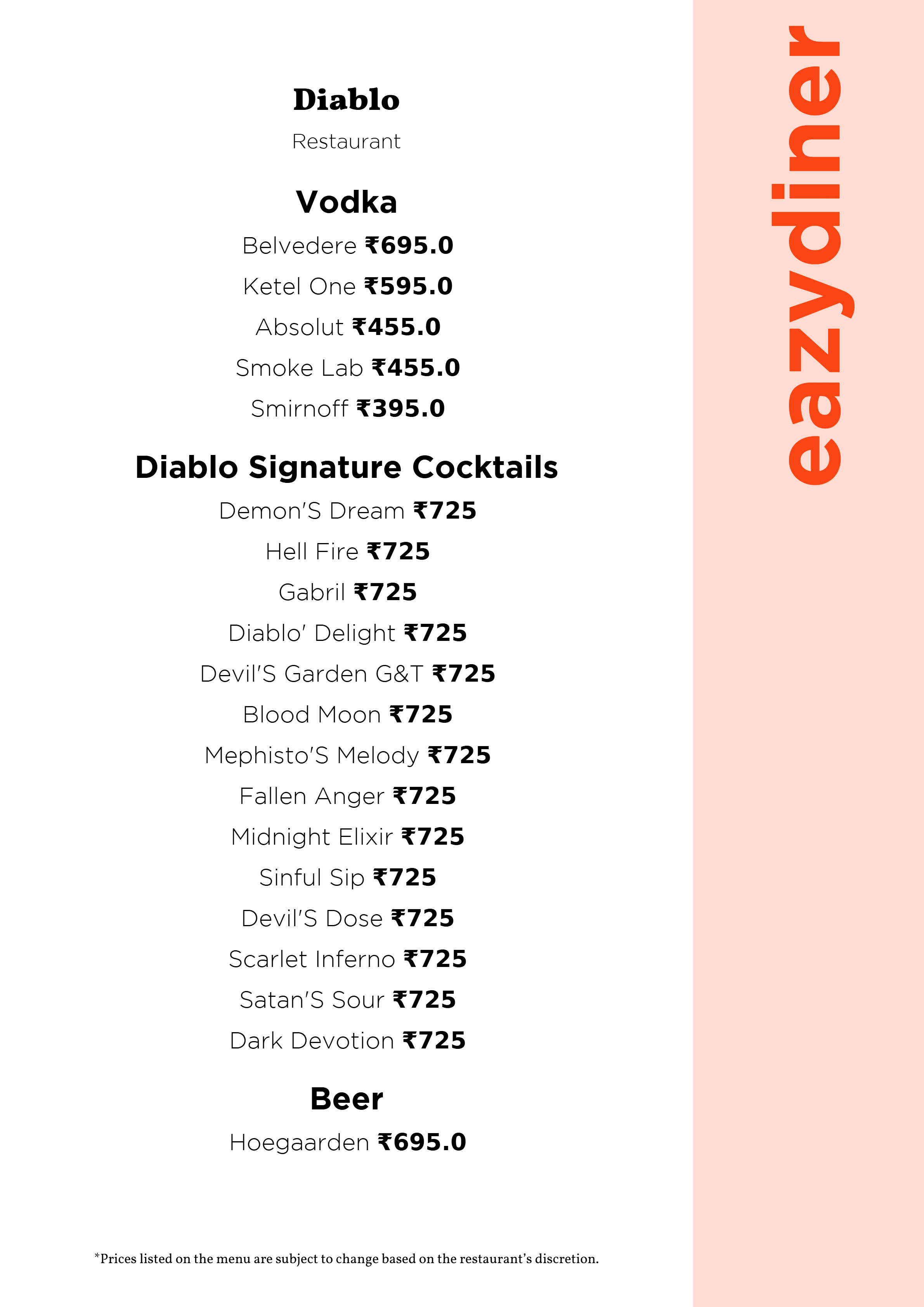 Menu of Diablo, Cyber Hub, Gurgaon