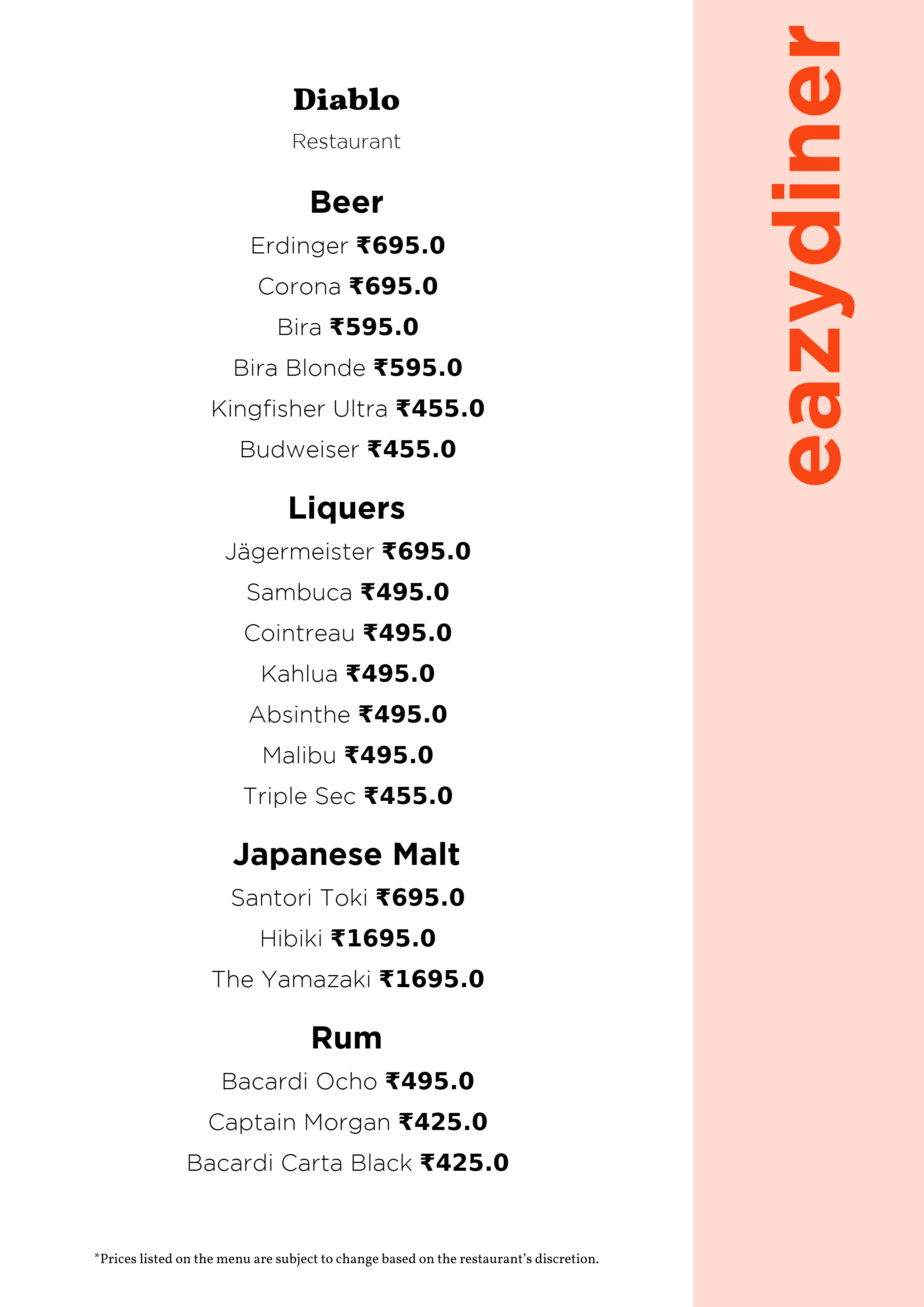 Menu of Diablo, Cyber Hub, Gurgaon