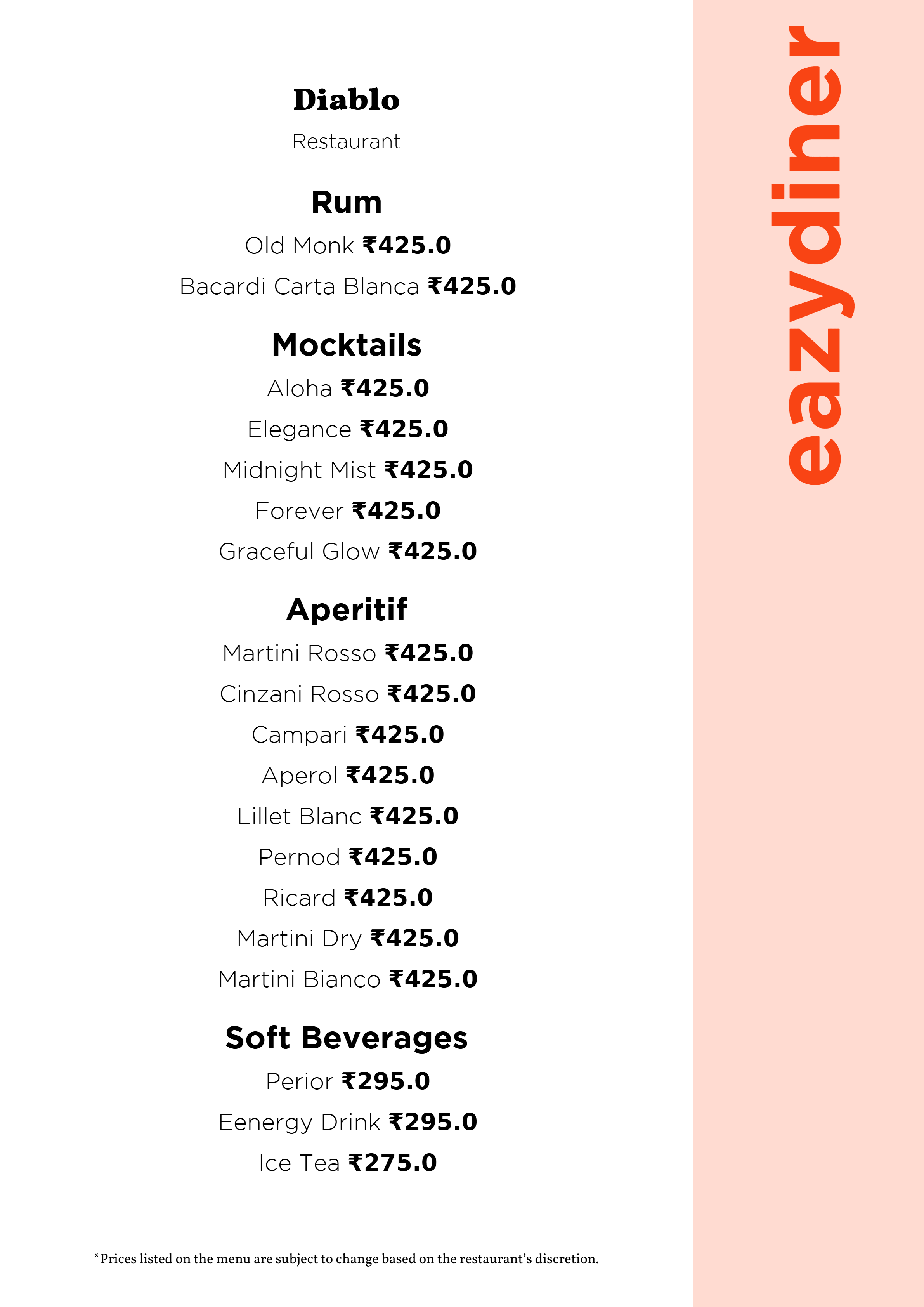 Menu of Diablo, Cyber Hub, Gurgaon