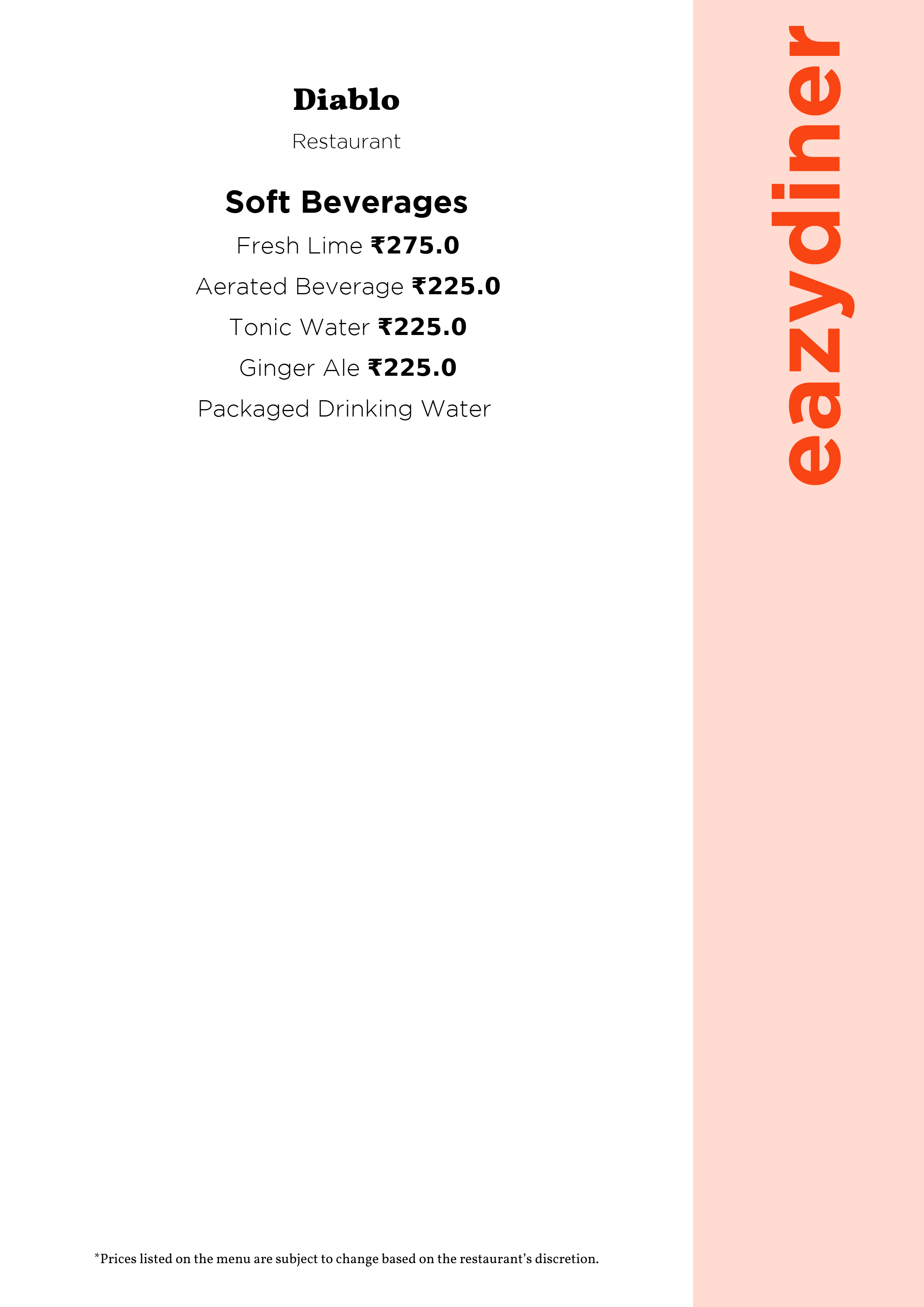 Menu of Diablo, Cyber Hub, Gurgaon