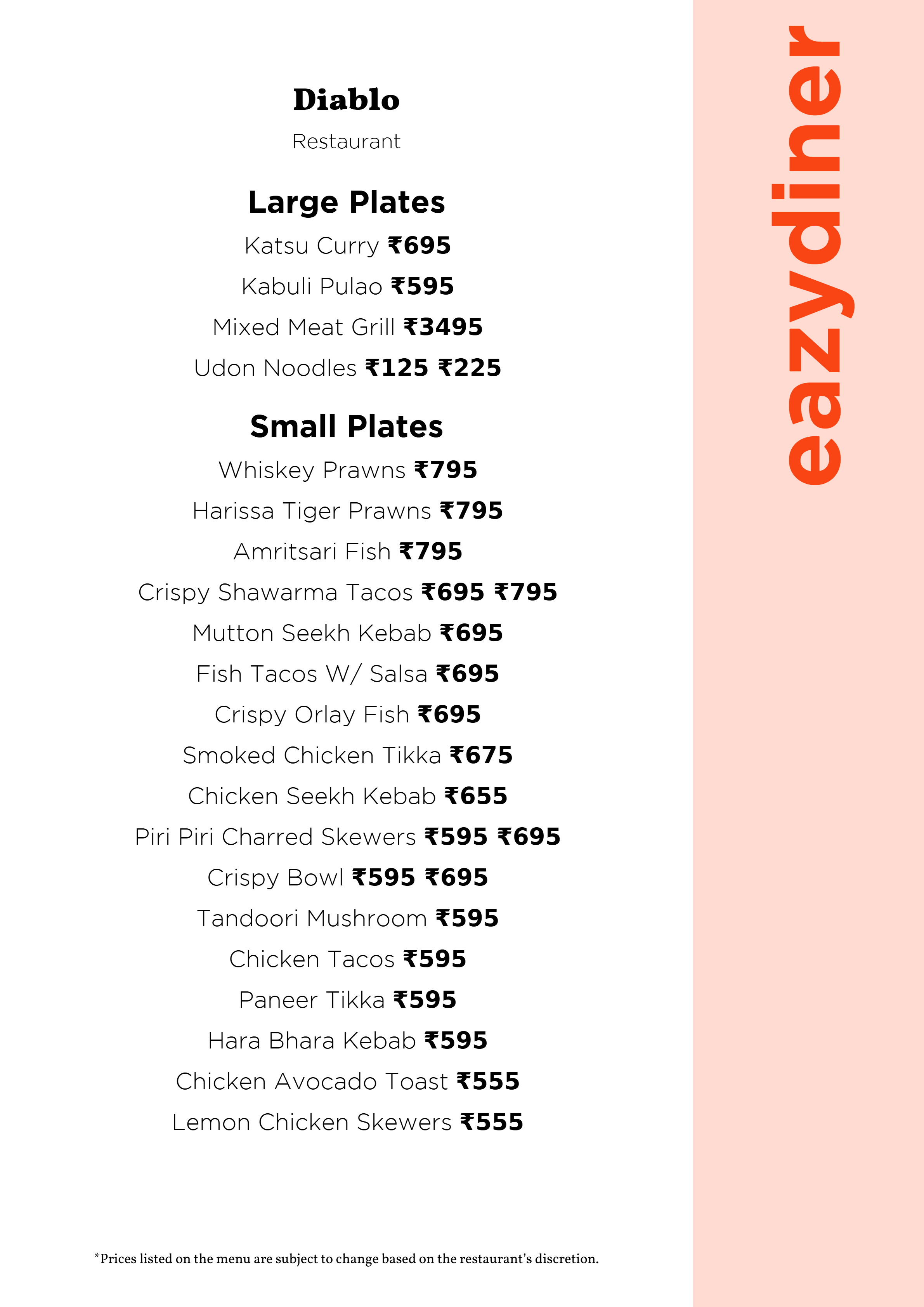 Menu of Diablo, Cyber Hub, Gurgaon