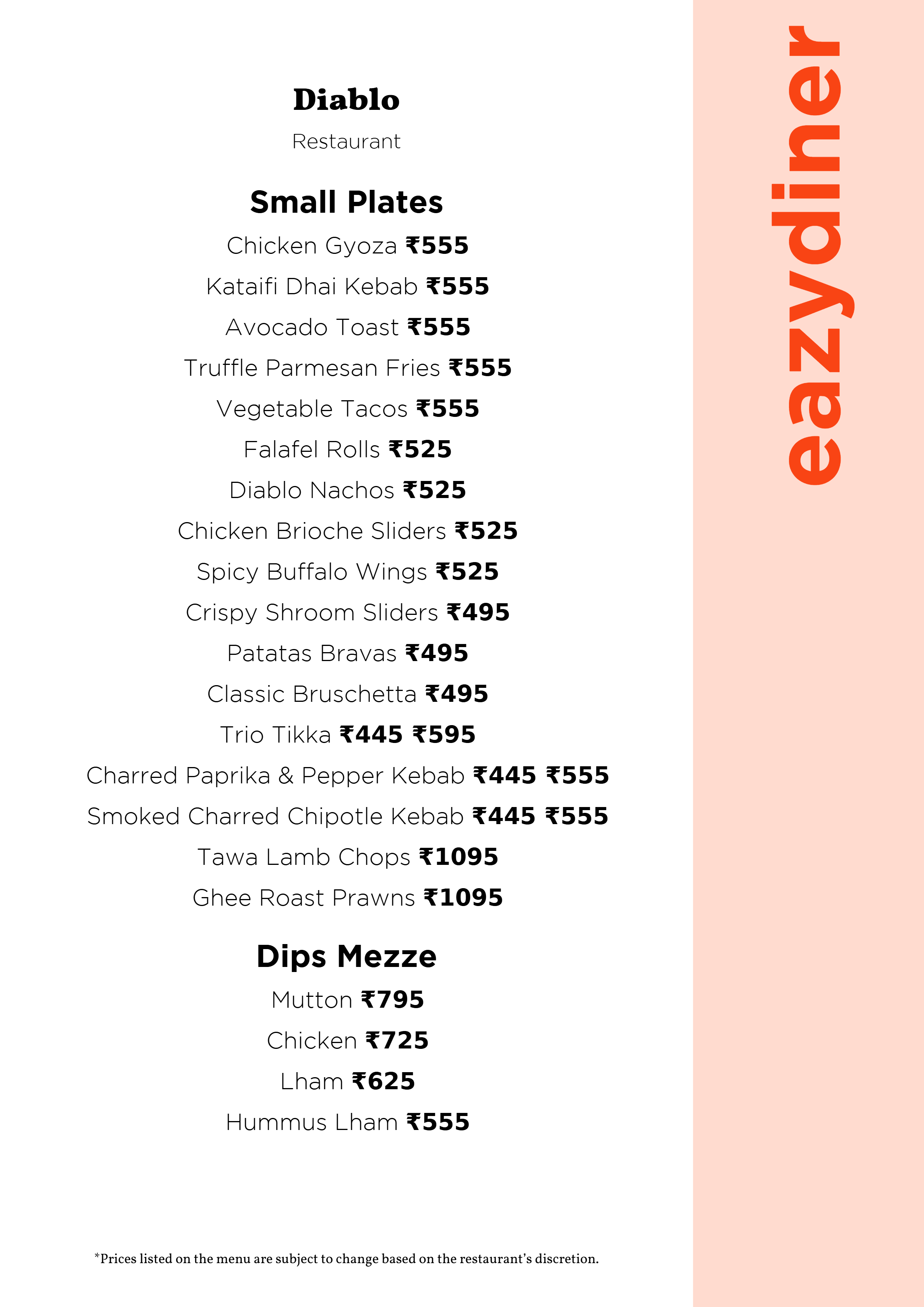 Menu of Diablo, Cyber Hub, Gurgaon