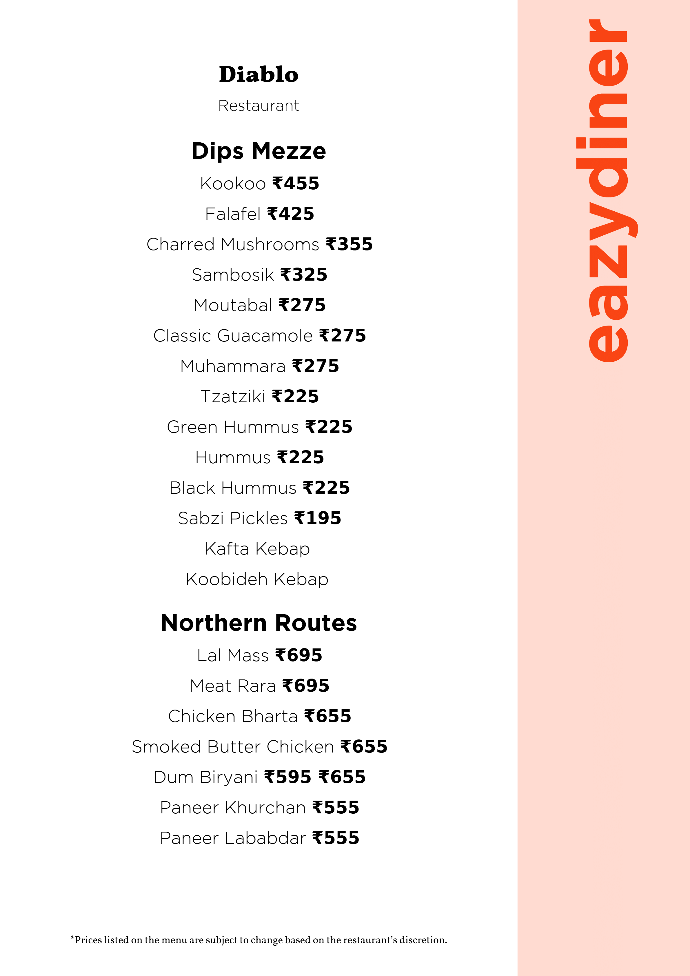 Menu of Diablo, Cyber Hub, Gurgaon