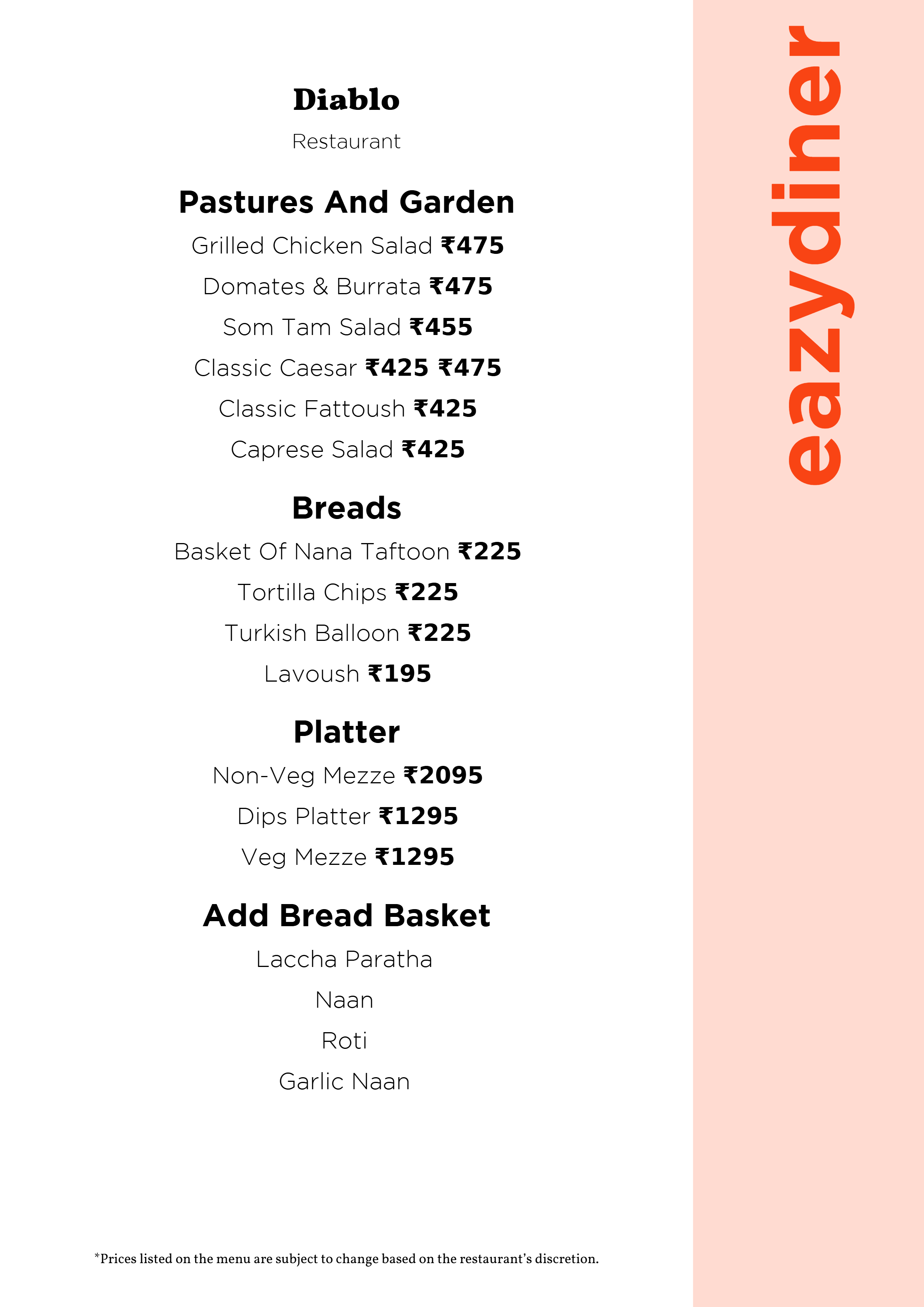 Menu of Diablo, Cyber Hub, Gurgaon