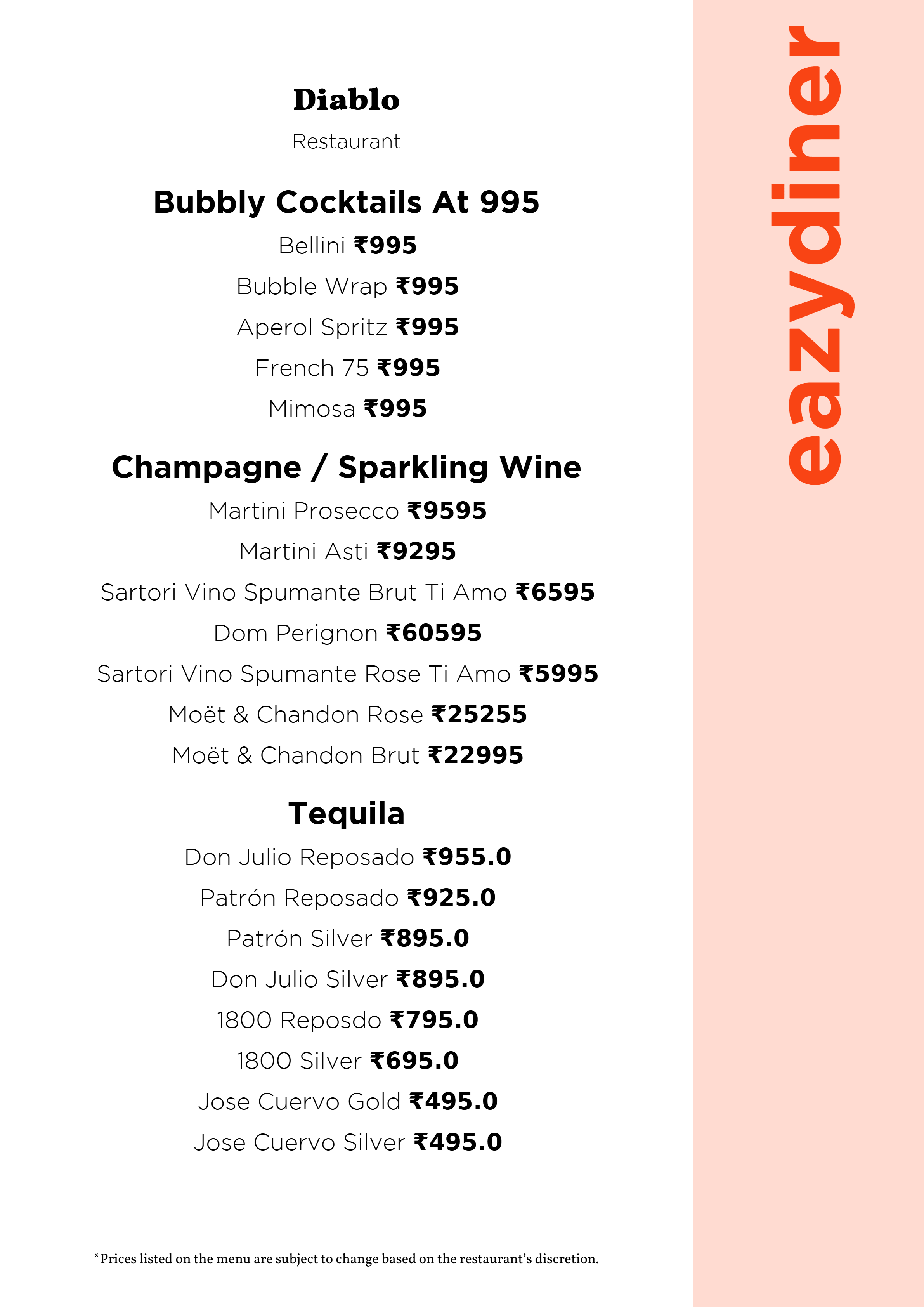 Menu of Diablo, Cyber Hub, Gurgaon