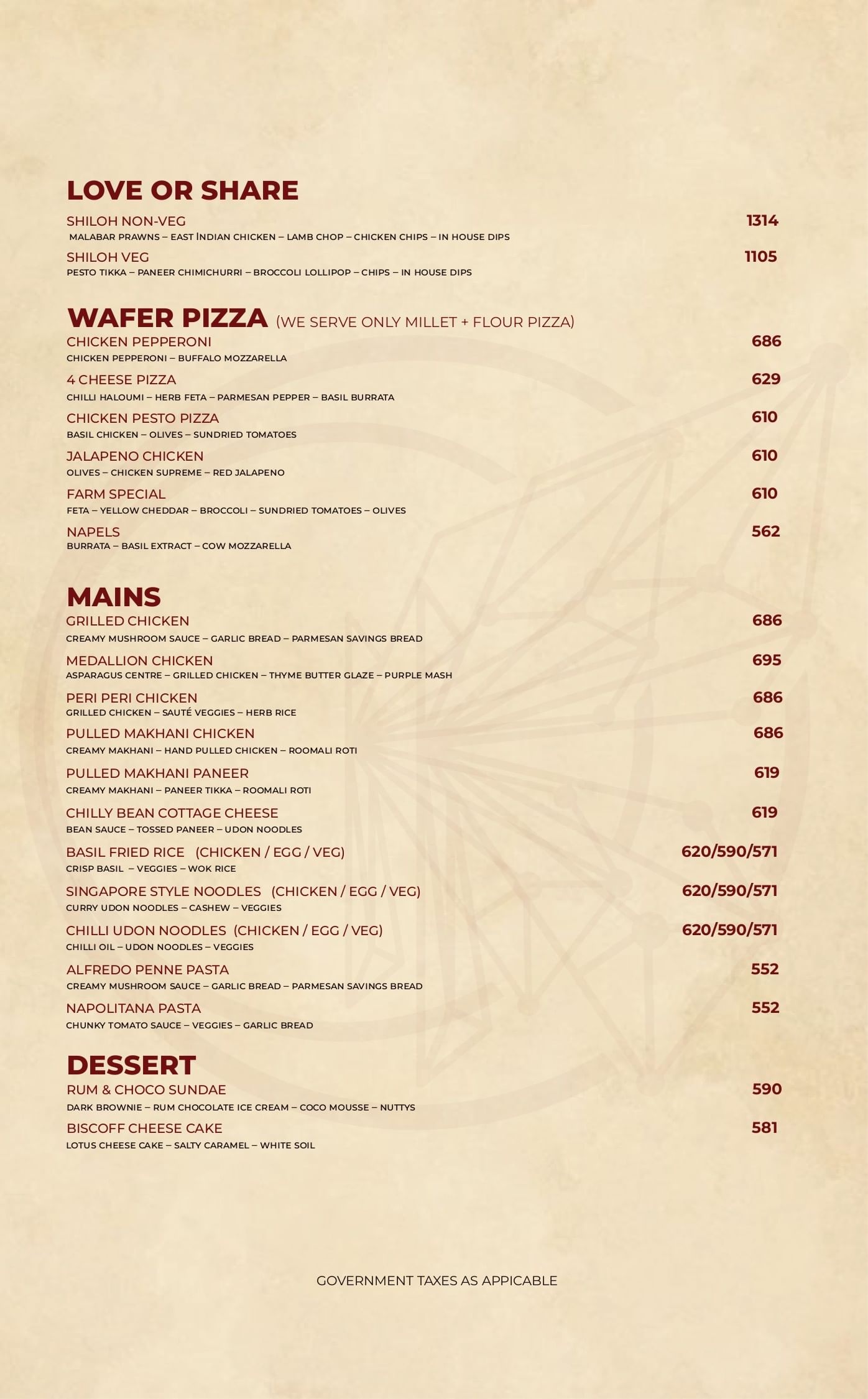 Menu of Shiloh, Andheri West, Western Suburbs