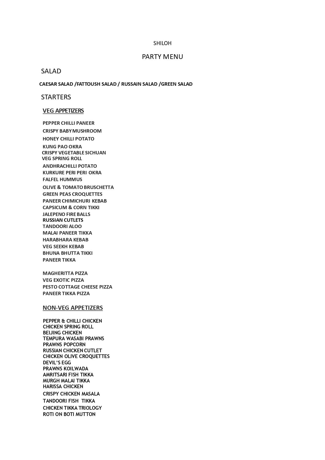 Menu of Shiloh, Andheri West, Western Suburbs