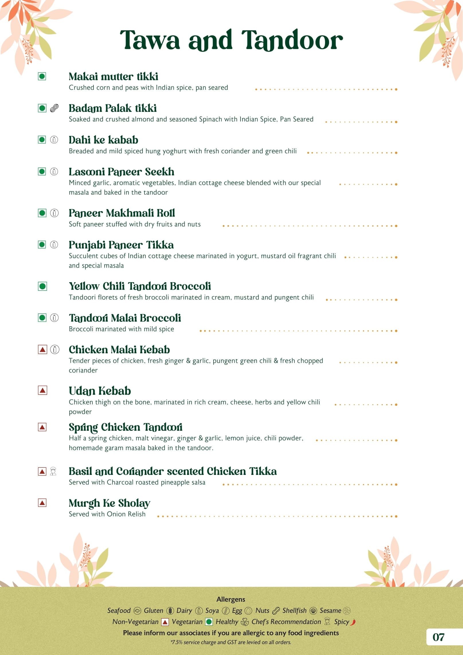 Menu of Tall Oaks, Seegehalli, East Bengaluru