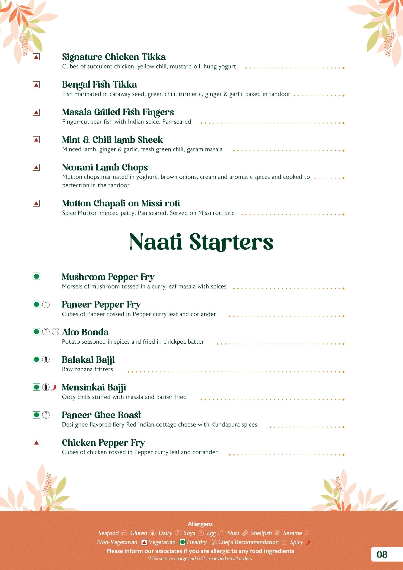 Menu of Tall Oaks, Seegehalli, East Bengaluru