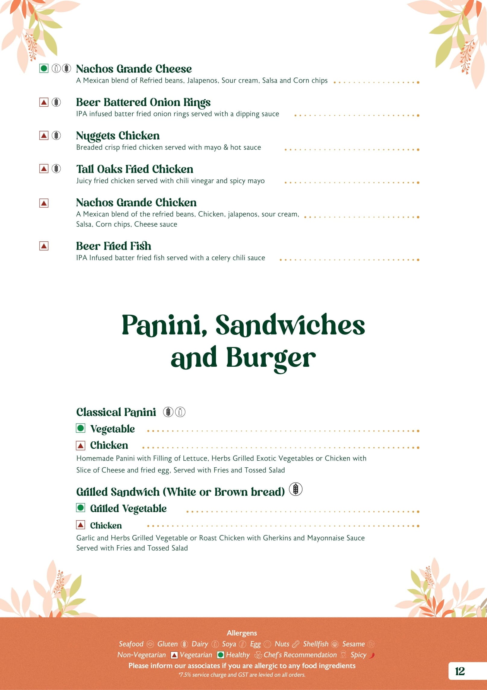Menu of Tall Oaks, Seegehalli, East Bengaluru