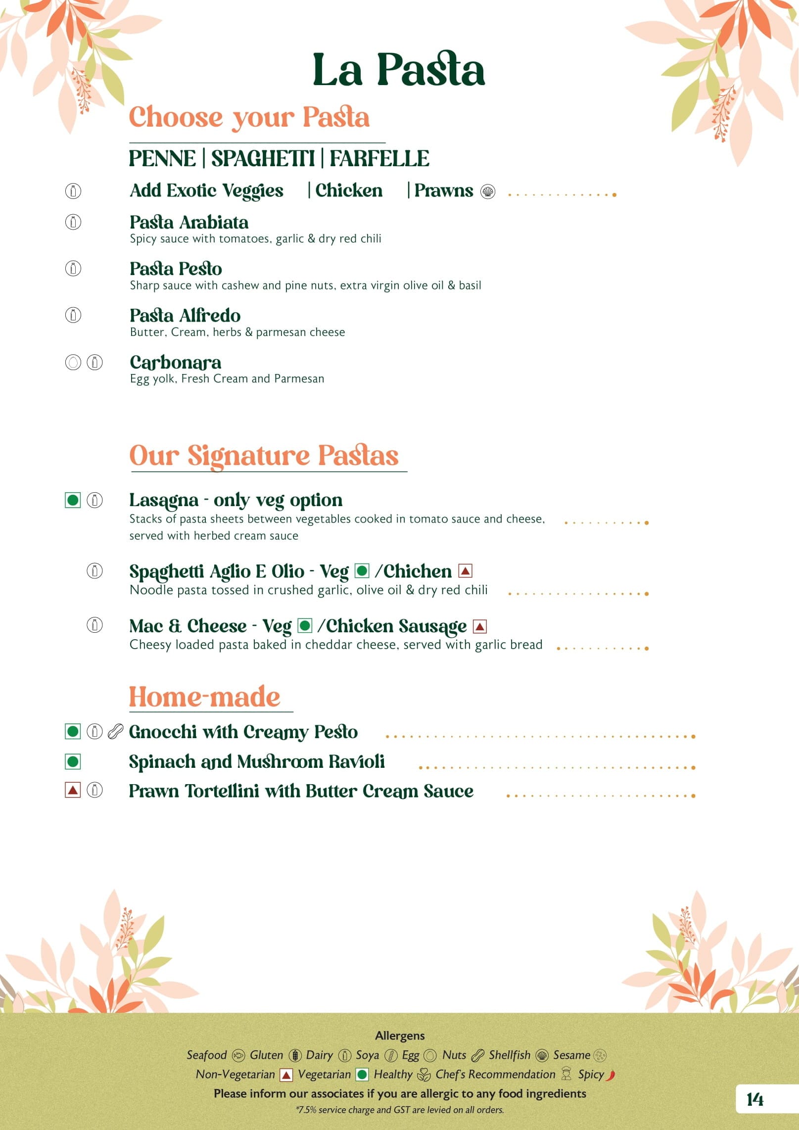 Menu of Tall Oaks, Seegehalli, East Bengaluru