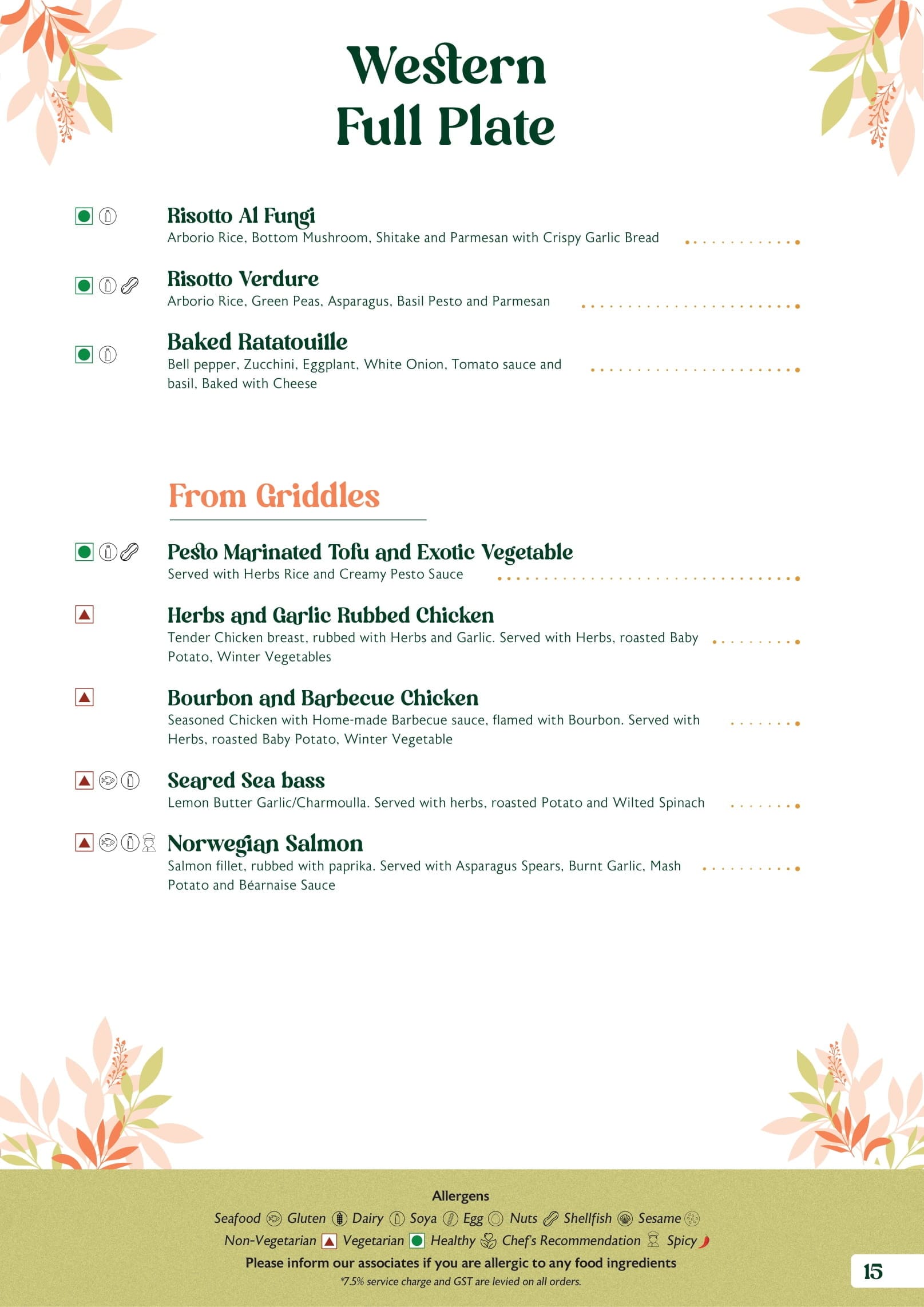 Menu of Tall Oaks, Seegehalli, East Bengaluru