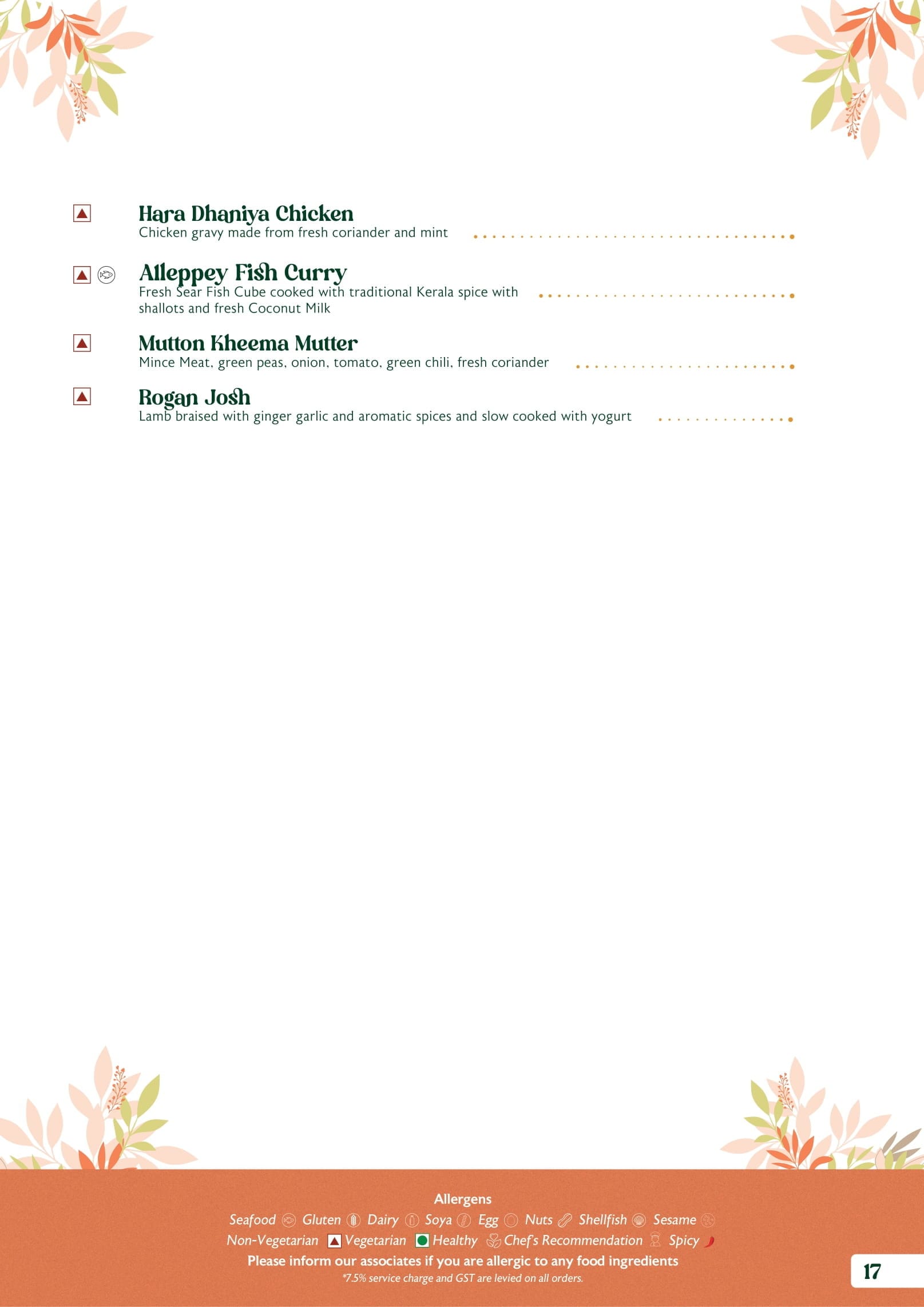 Menu of Tall Oaks, Seegehalli, East Bengaluru