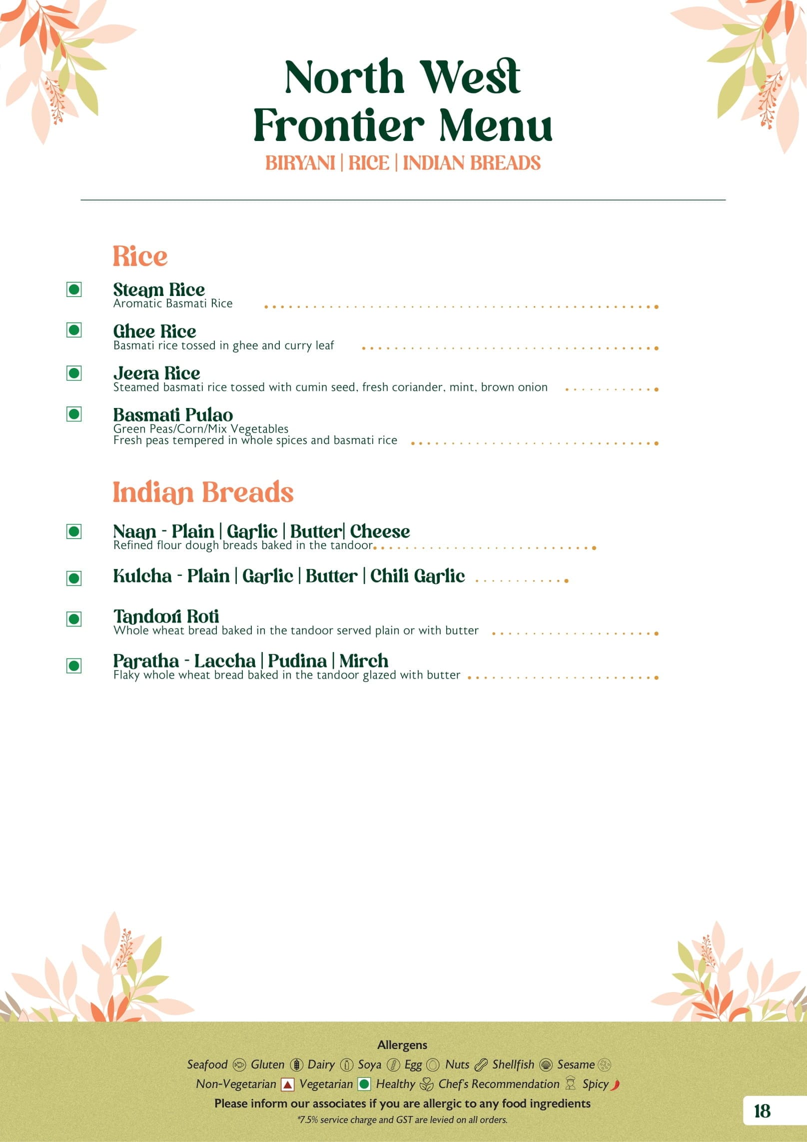 Menu of Tall Oaks, Seegehalli, East Bengaluru