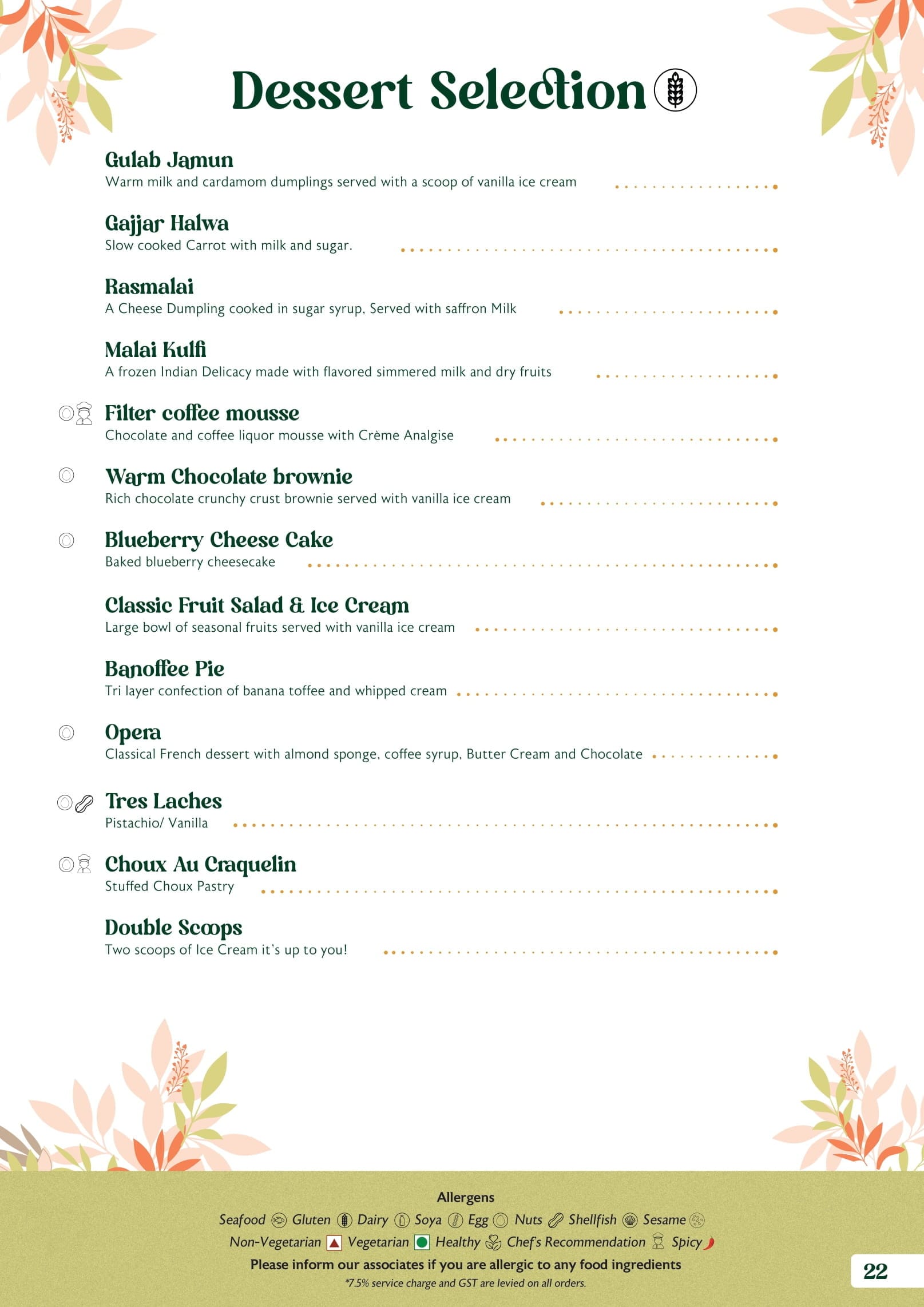 Menu of Tall Oaks, Seegehalli, East Bengaluru