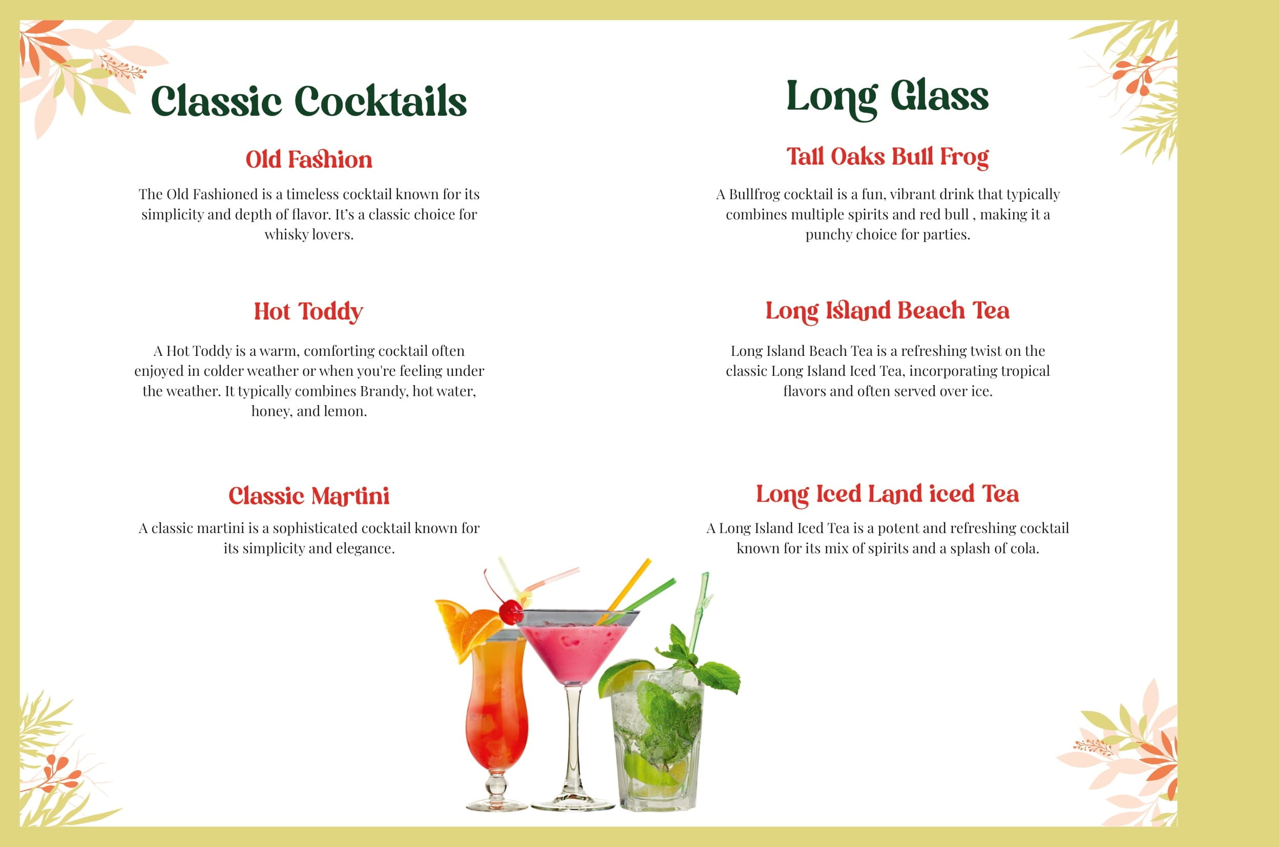 Menu of Tall Oaks, Seegehalli, East Bengaluru