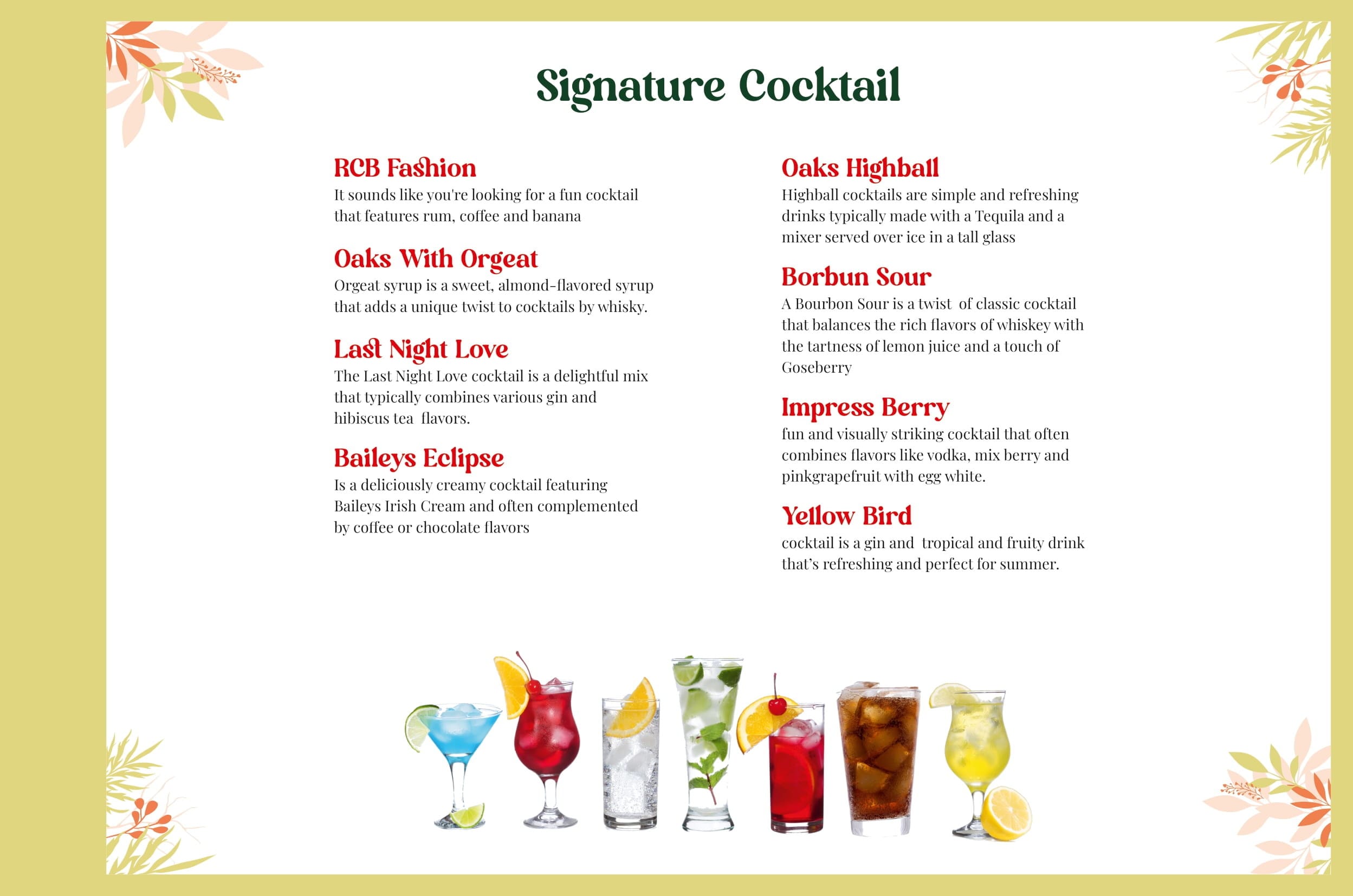 Menu of Tall Oaks, Seegehalli, East Bengaluru