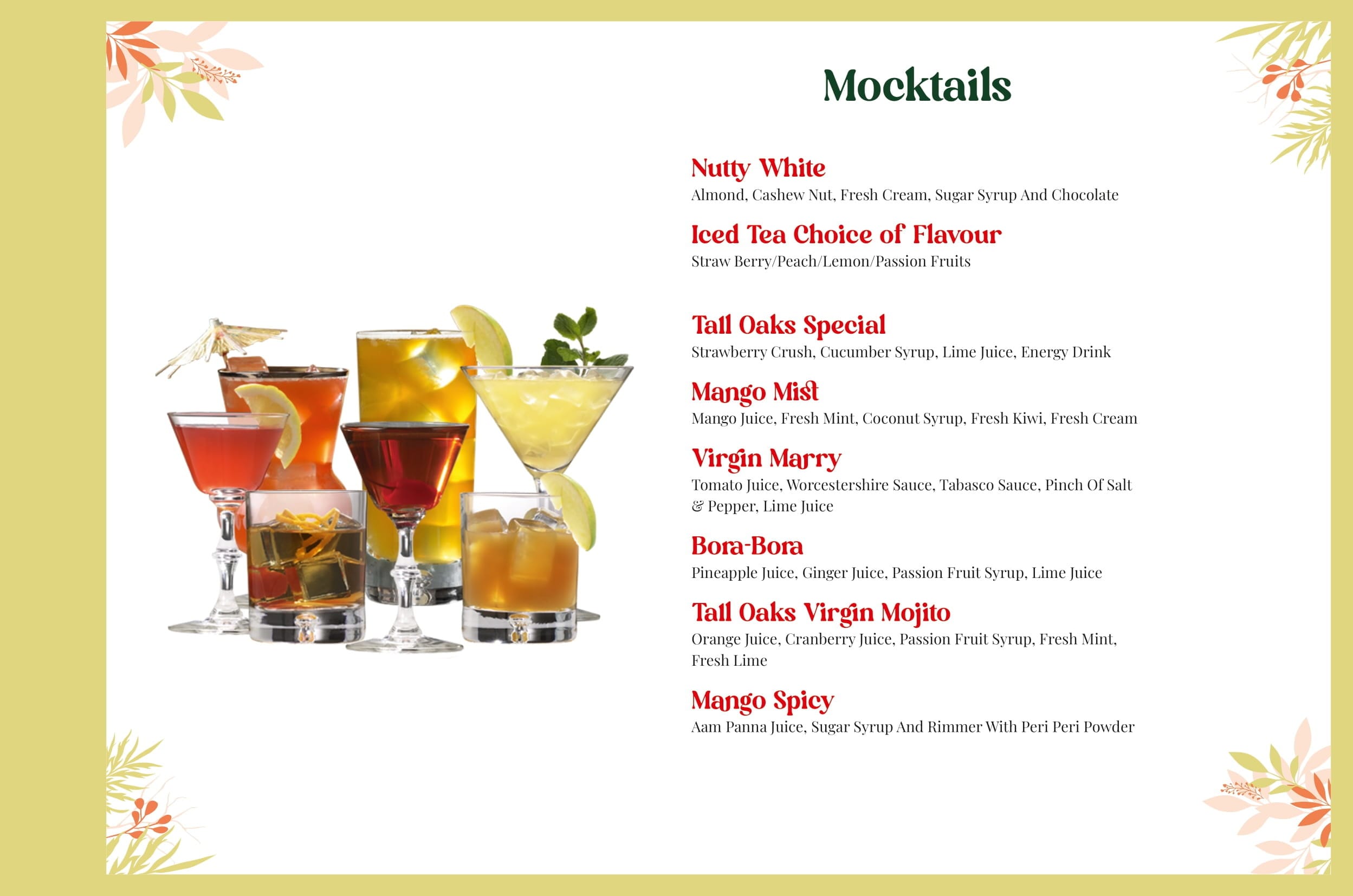 Menu of Tall Oaks, Seegehalli, East Bengaluru