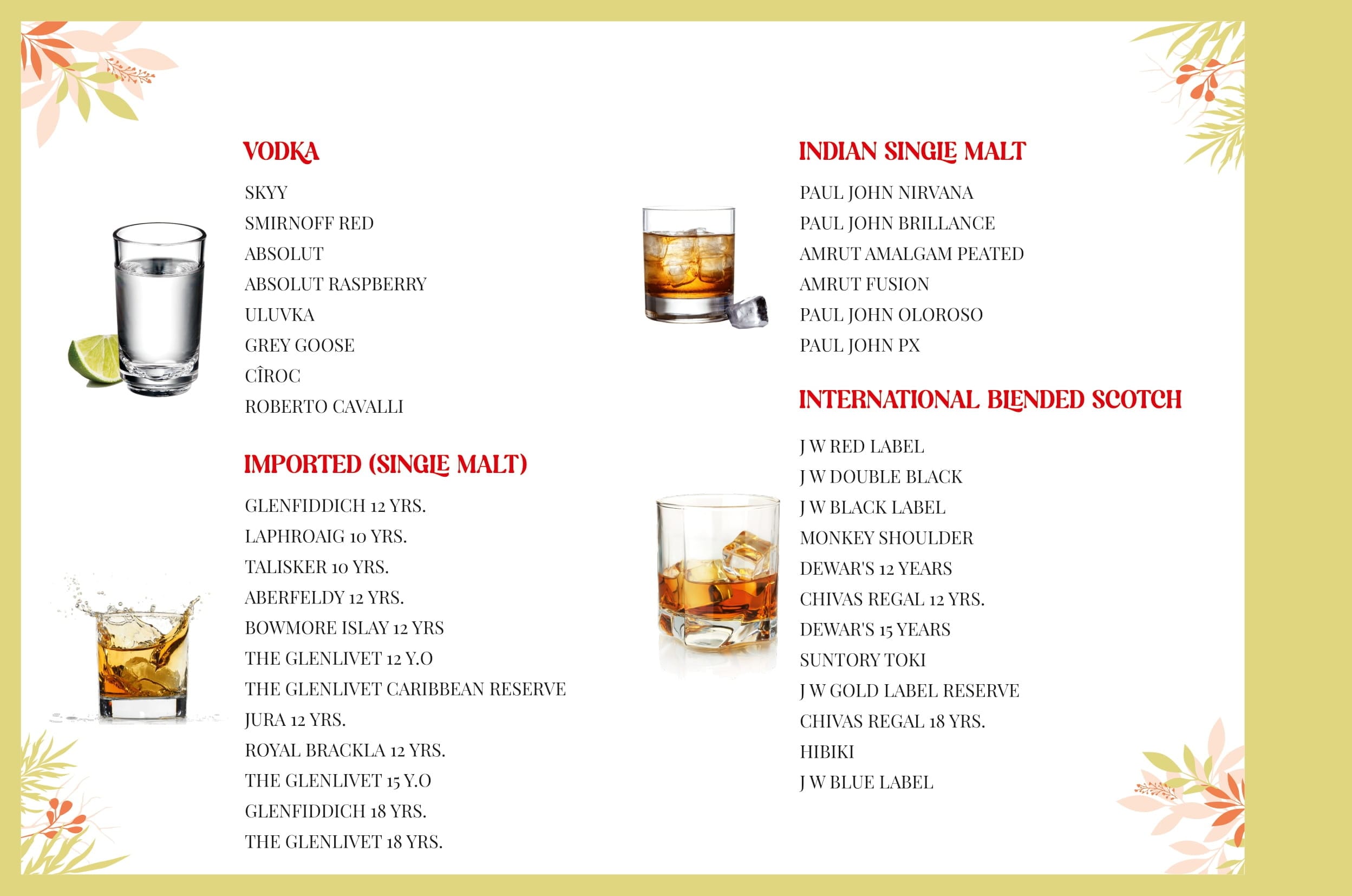Menu of Tall Oaks, Seegehalli, East Bengaluru