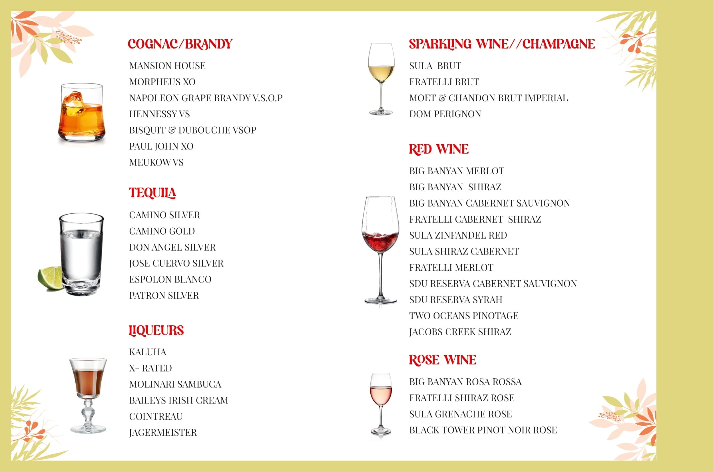 Menu of Tall Oaks, Seegehalli, East Bengaluru