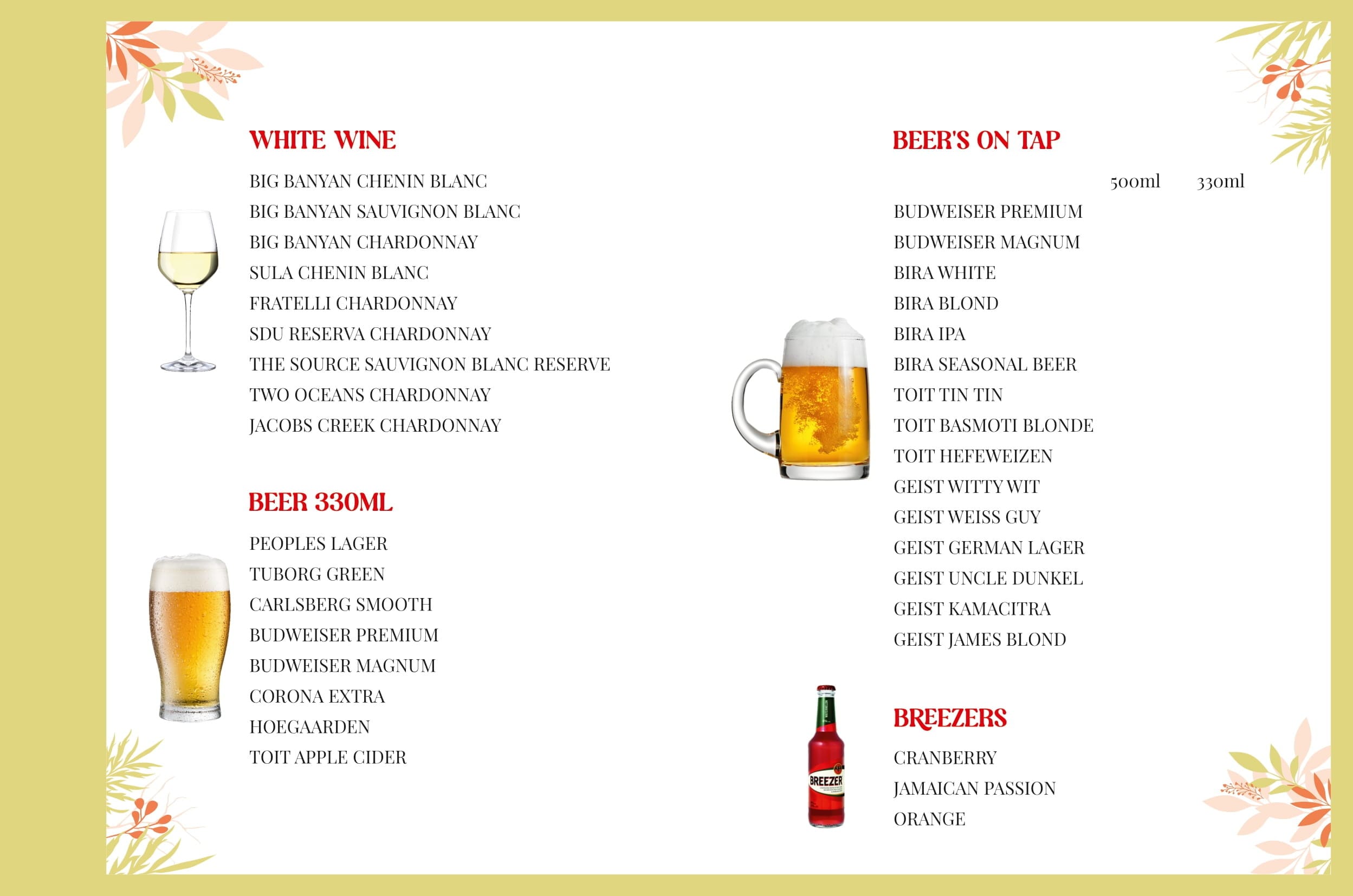 Menu of Tall Oaks, Seegehalli, East Bengaluru