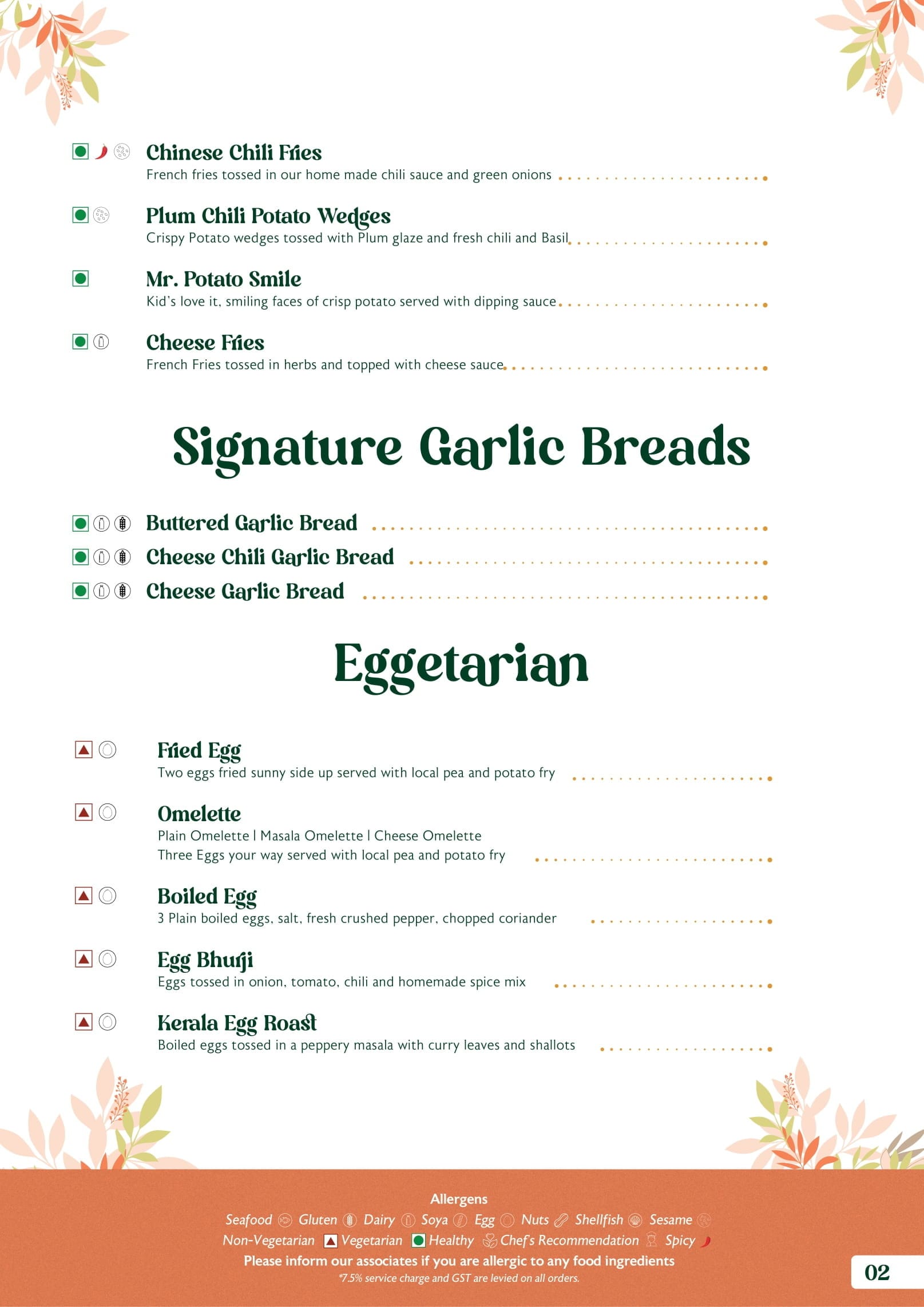 Menu of Tall Oaks, Seegehalli, East Bengaluru