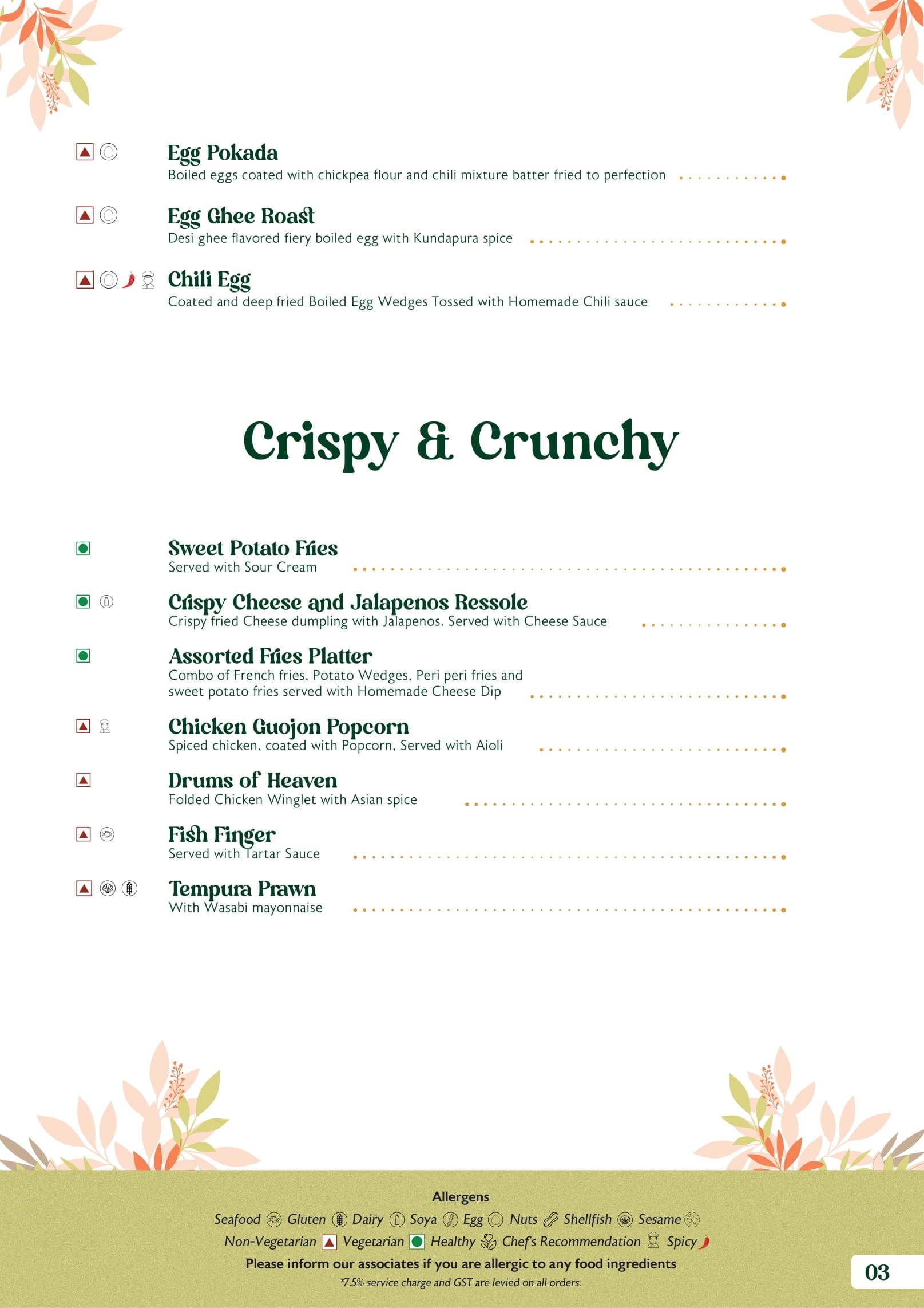 Menu of Tall Oaks, Seegehalli, East Bengaluru