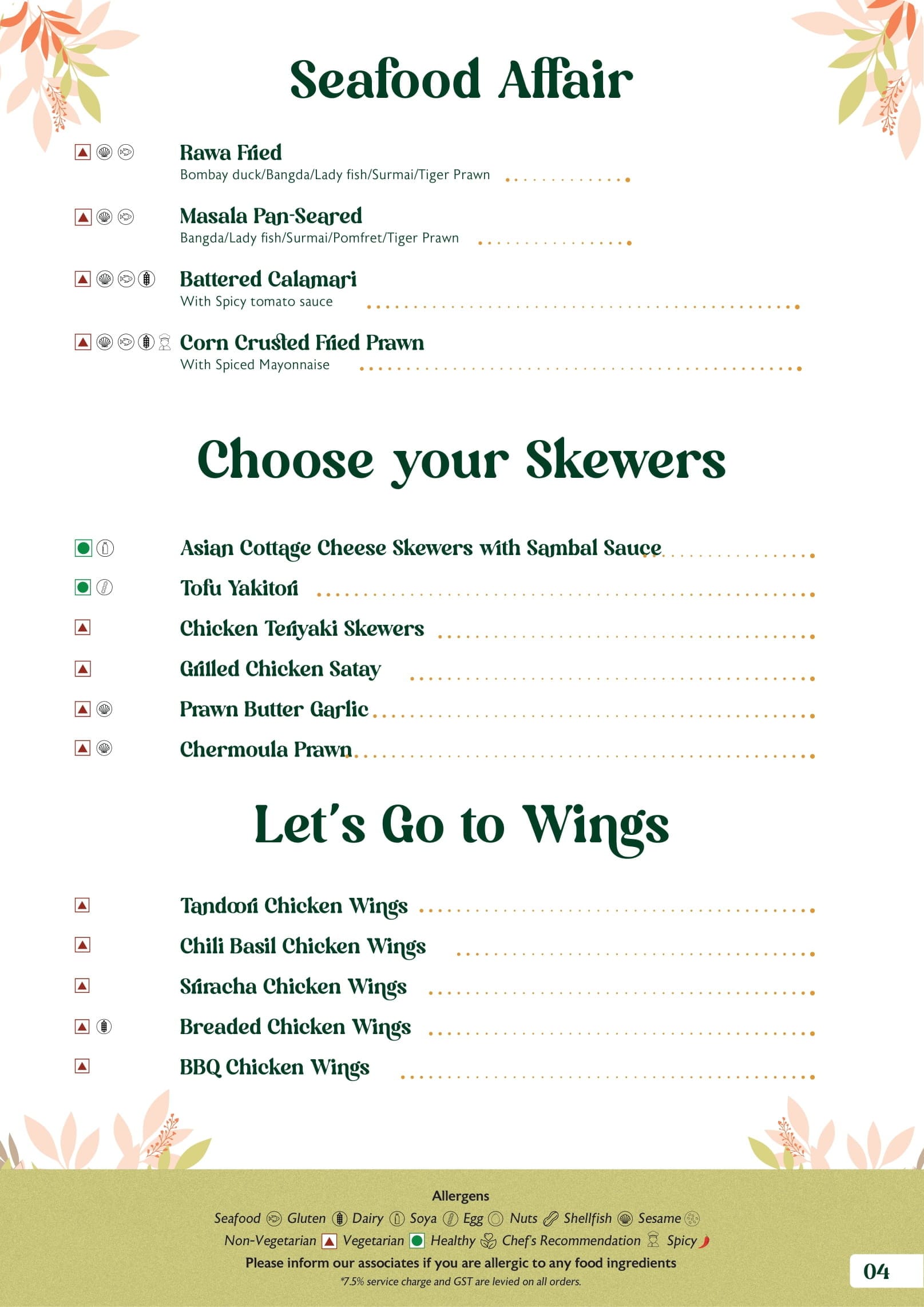 Menu of Tall Oaks, Seegehalli, East Bengaluru