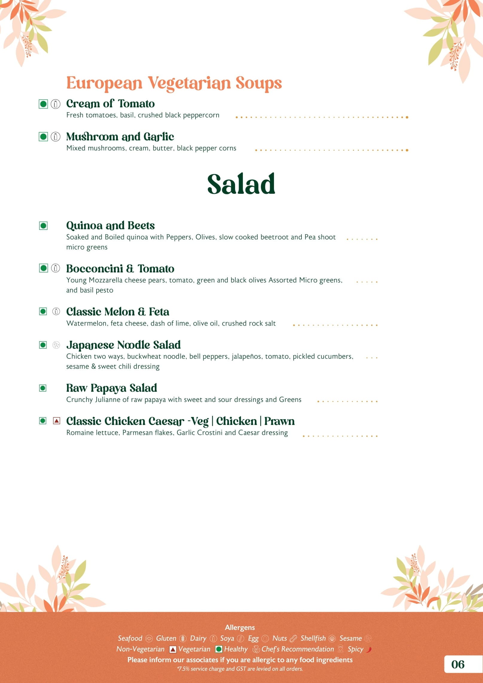 Menu of Tall Oaks, Seegehalli, East Bengaluru